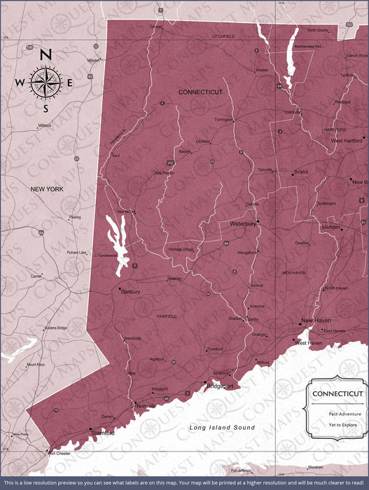 Push Pin Connecticut Map Poster - Burgundy Color Splash - Conquest Maps LLC