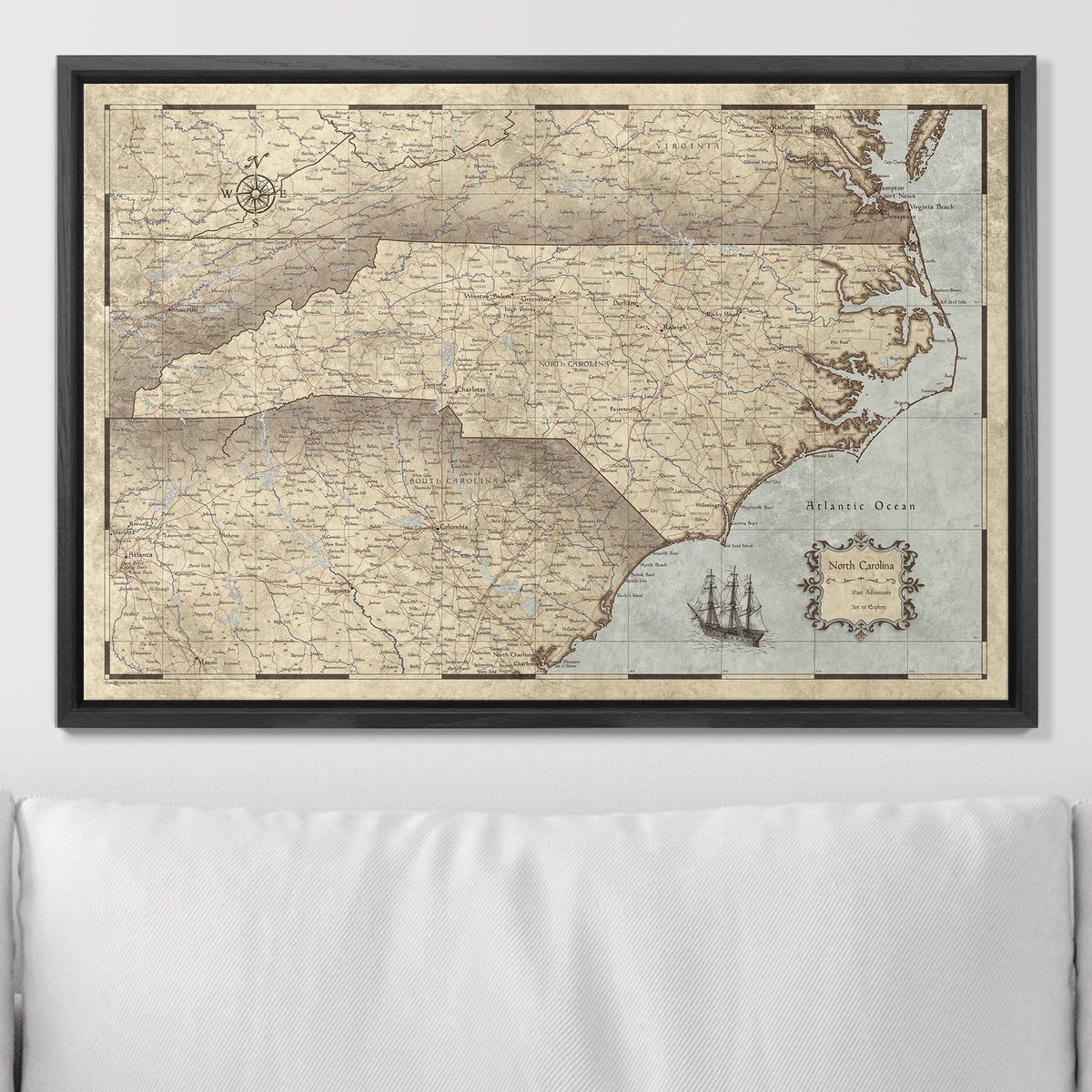 Rustic Vintage North Carolina Travel Map - Push Pins Included