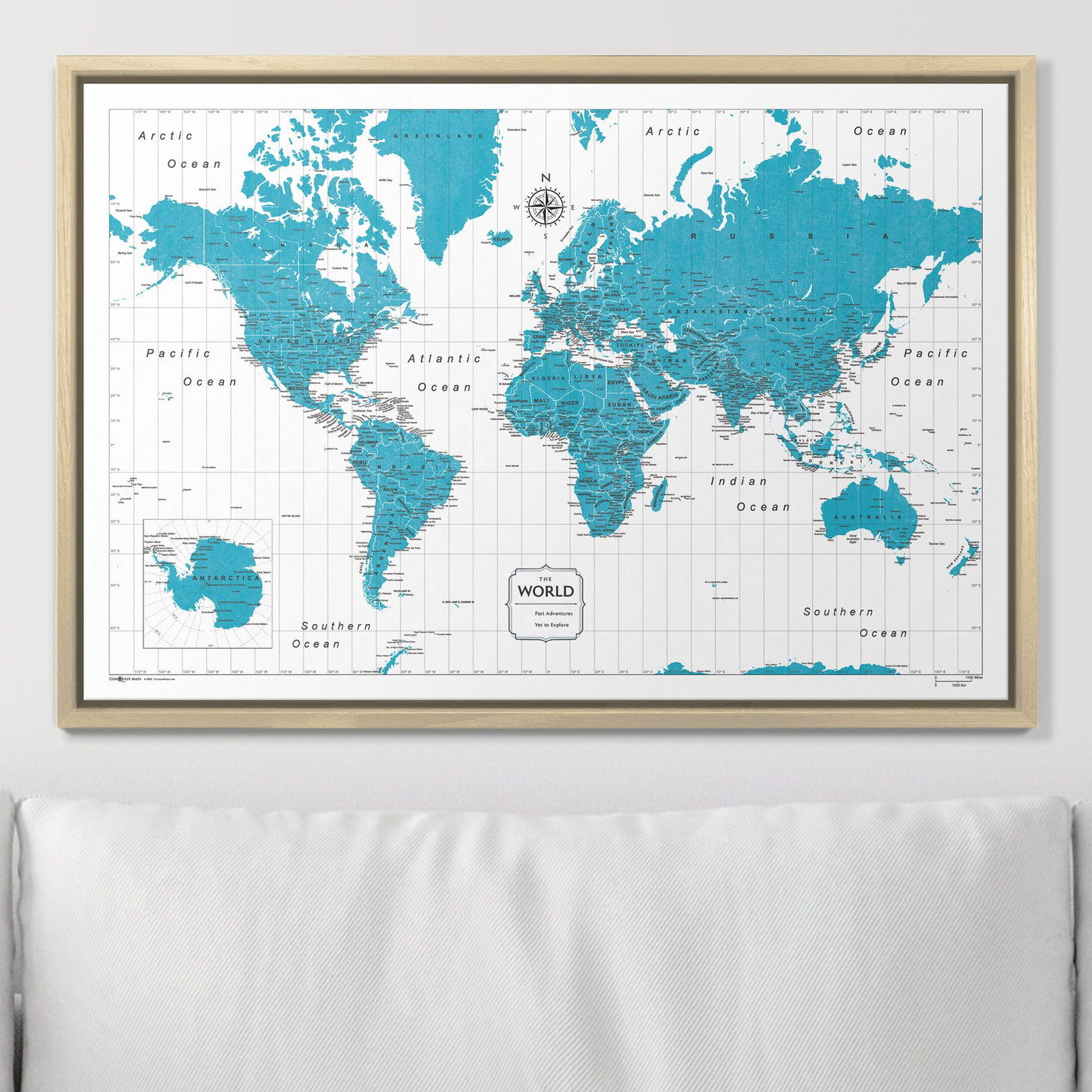 World Travel Map Pin Board with Push Pins: Teal Color Splash