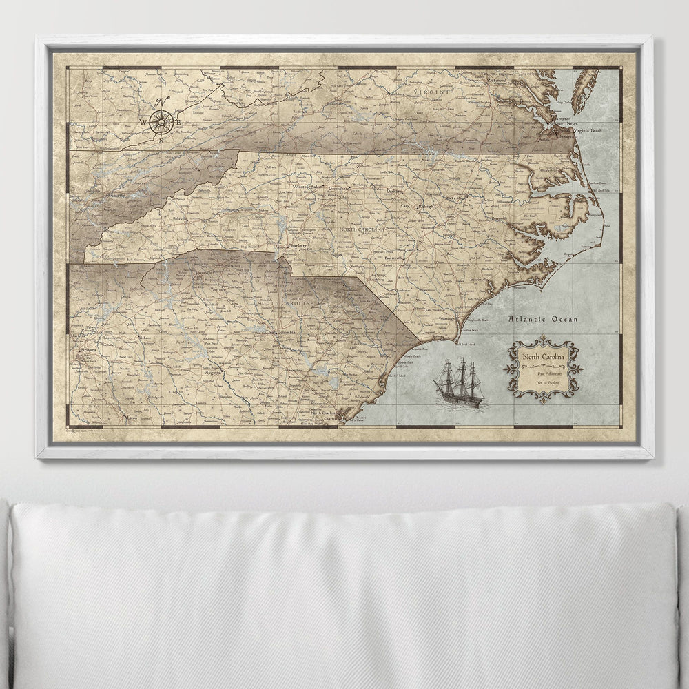 Rustic Vintage North Carolina Travel Map - Push Pins Included
