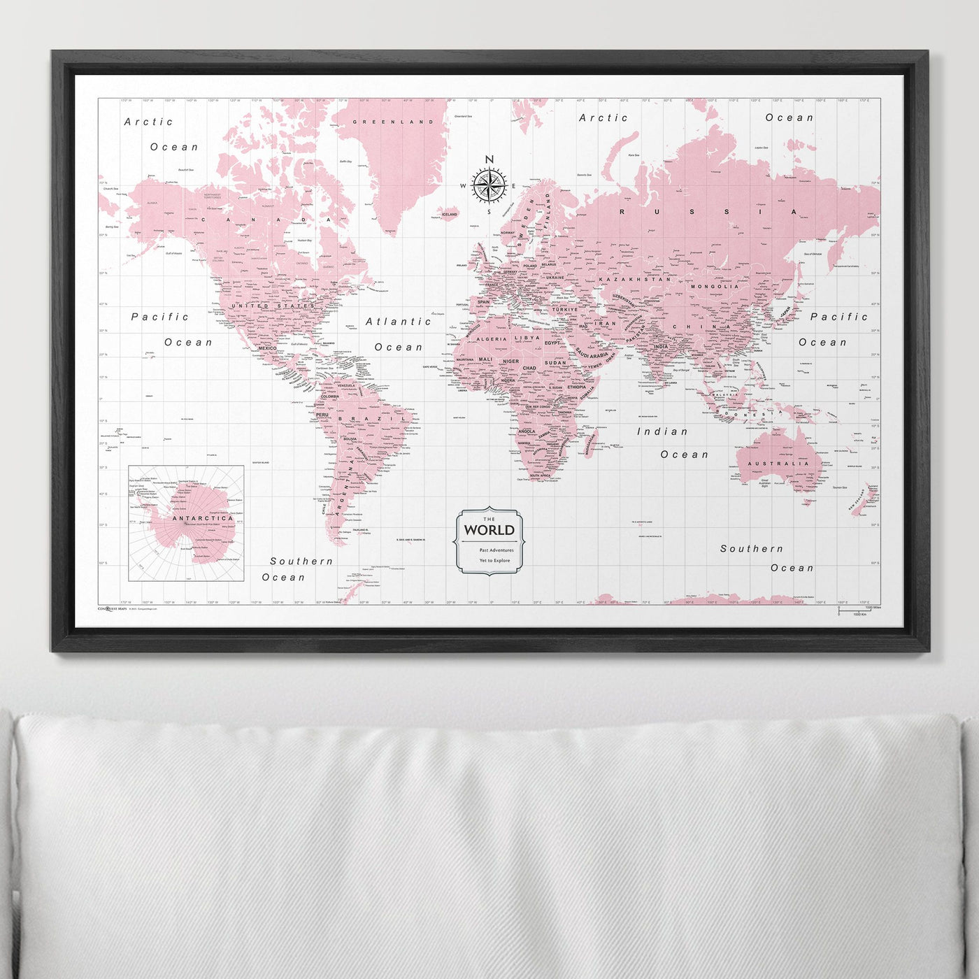 World Travel Map Pin Board with Push Pins: Pink Color Splash