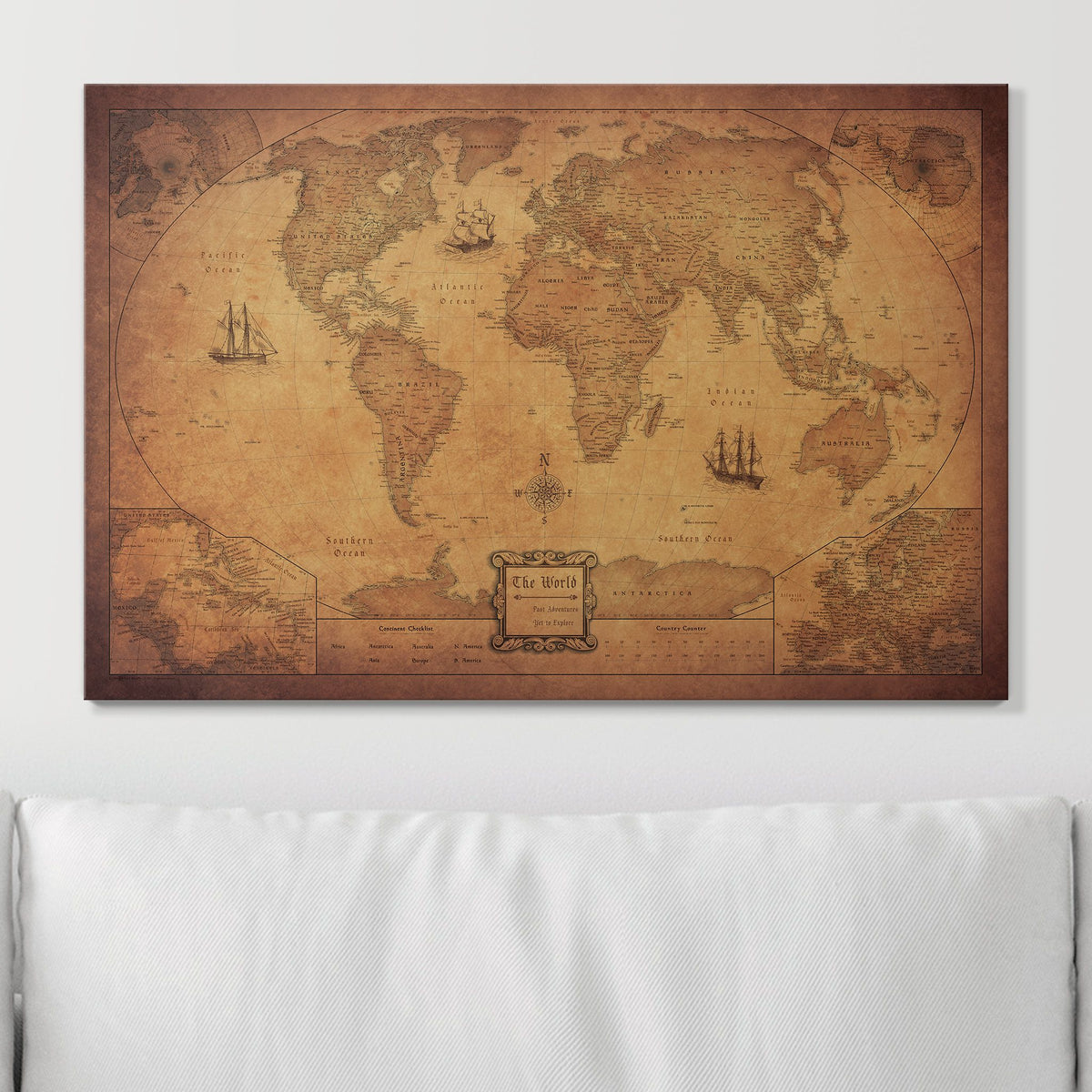 World Travel Map Pin Board with Push Pins: Golden Aged