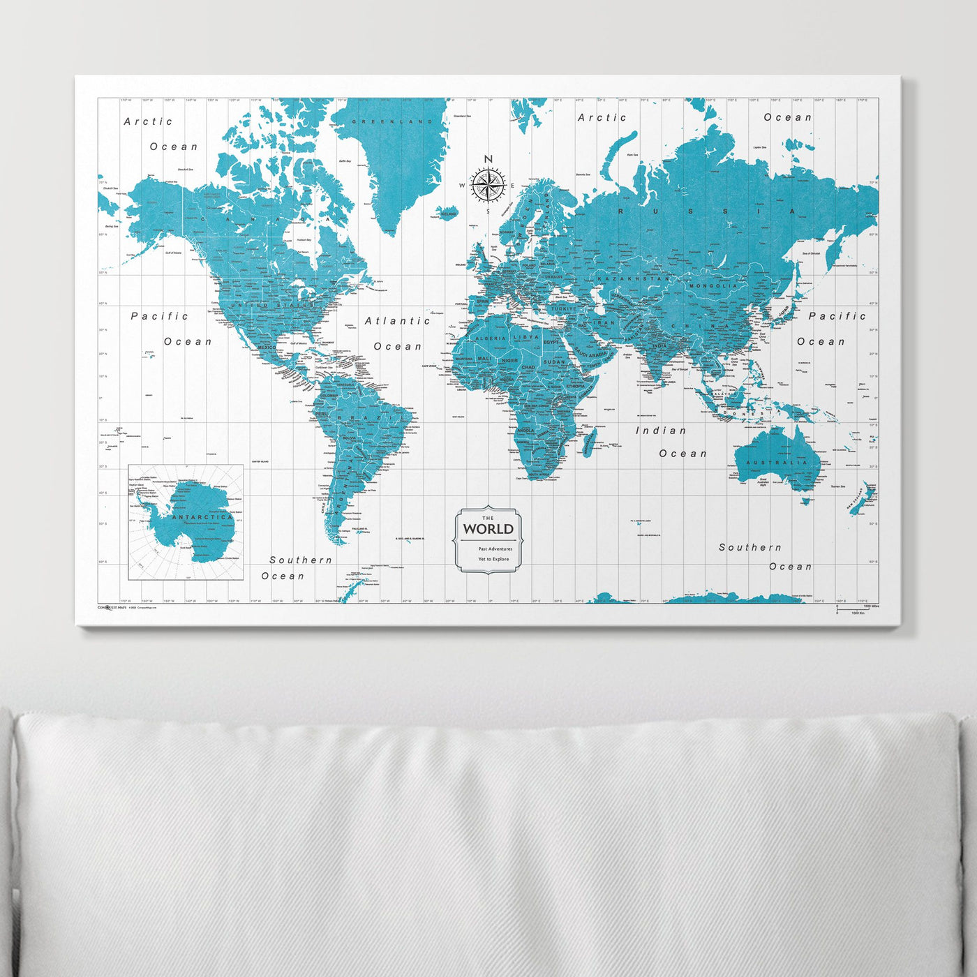 World Travel Map Pin Board with Push Pins: Teal Color Splash