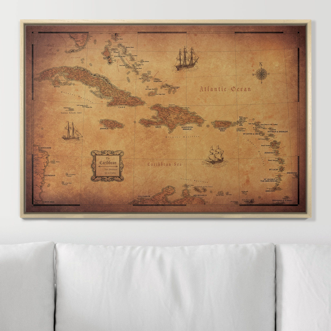 Caribbean Travel Map Pin Board with Push Pins: Golden Aged