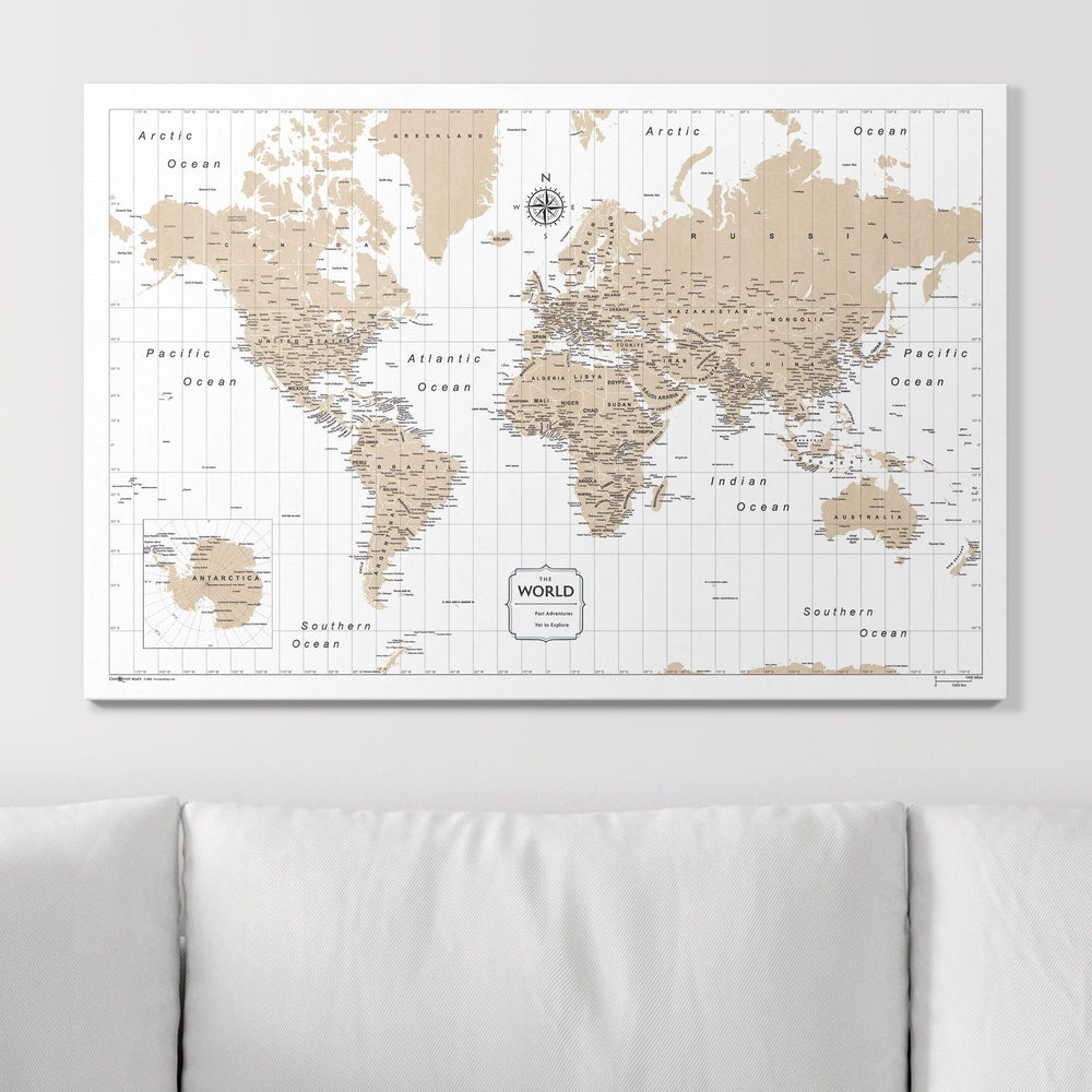World Travel Map Pin Board with Push Pins: Light Brown Color Splash