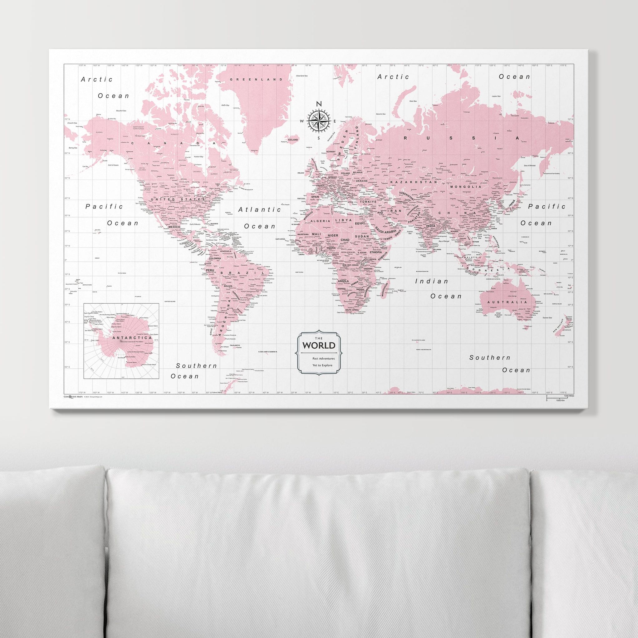 World Travel Map Pin Board with Push Pins: Pink Color Splash