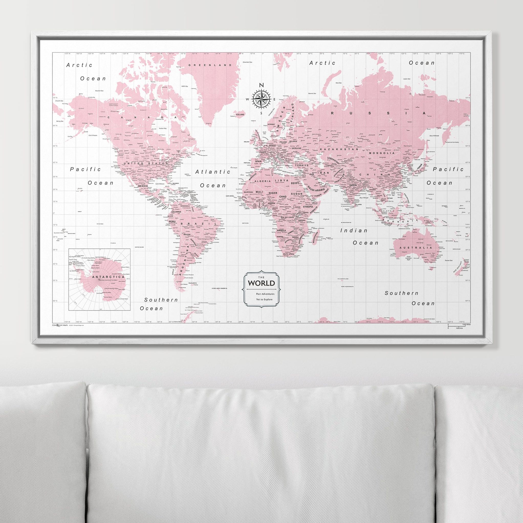 World Travel Map Pin Board with Push Pins: Pink Color Splash — Conquest ...