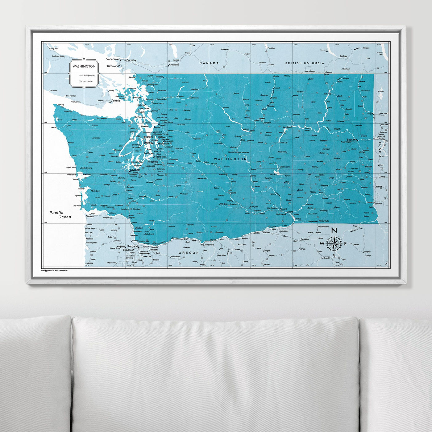 Push Pin Washington Map (Pin Board) - Teal Color Splash - Conquest Maps LLC