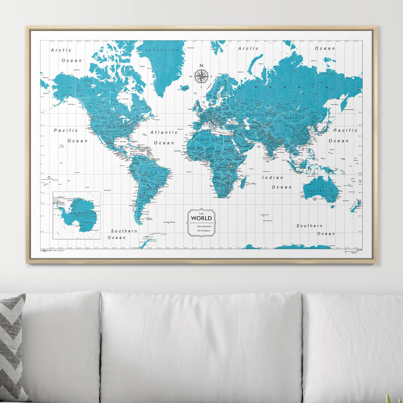World Travel Map Pin Board with Push Pins: Teal Color Splash — Conquest ...