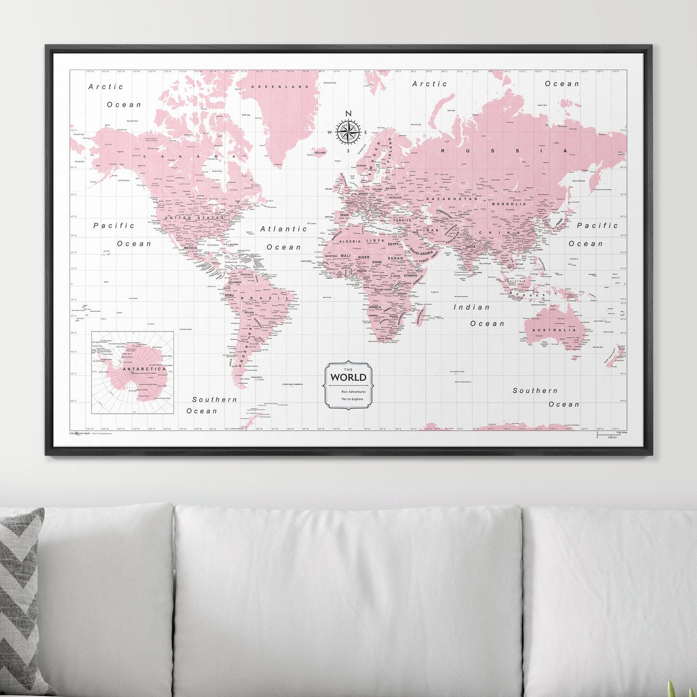 World Travel Map Pin Board with Push Pins: Pink Color Splash