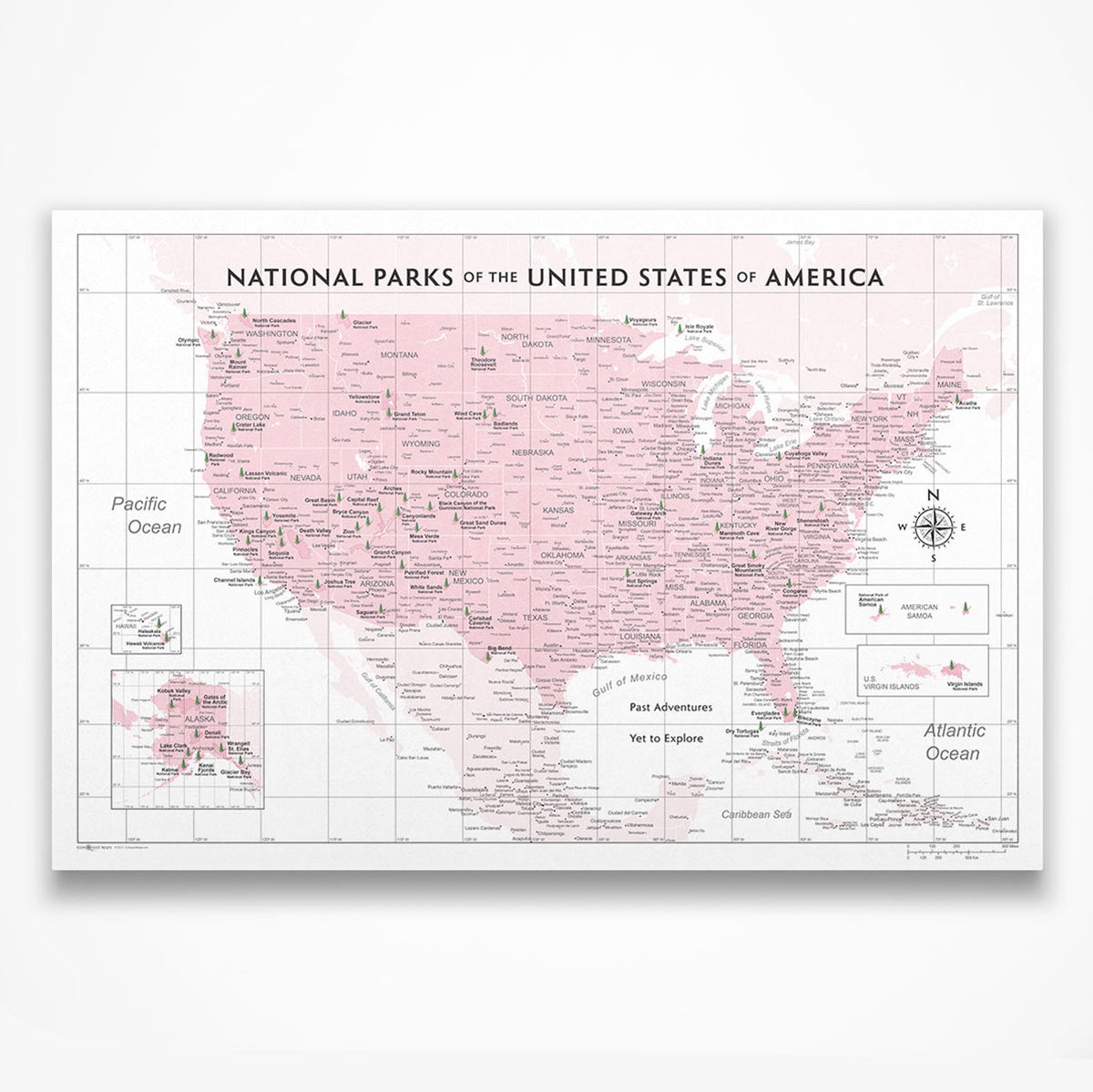 National Parks Push Pin Map - Pink USA Map - Conquest Maps