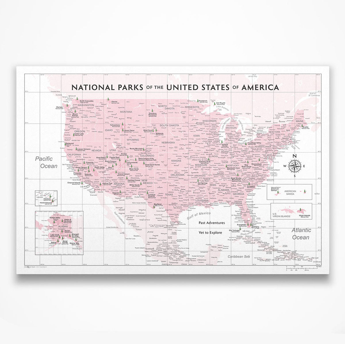 National Parks Push Pin Map - Pink USA Map - Conquest Maps