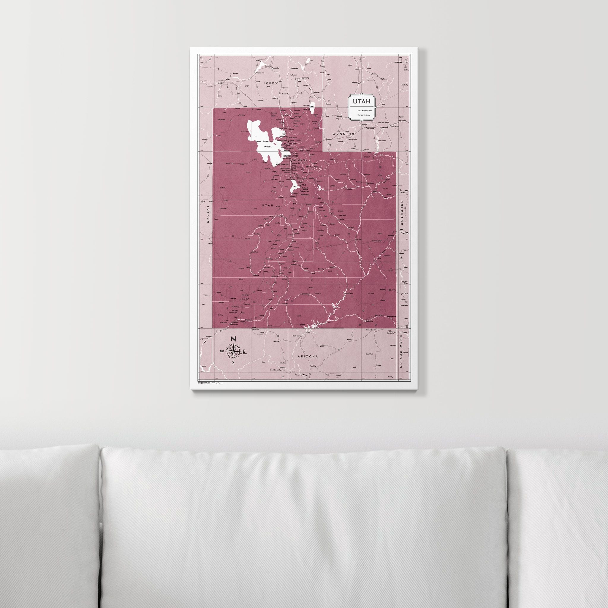 Push Pin Utah Map (Pin Board) - Burgundy Color Splash - Conquest Maps LLC