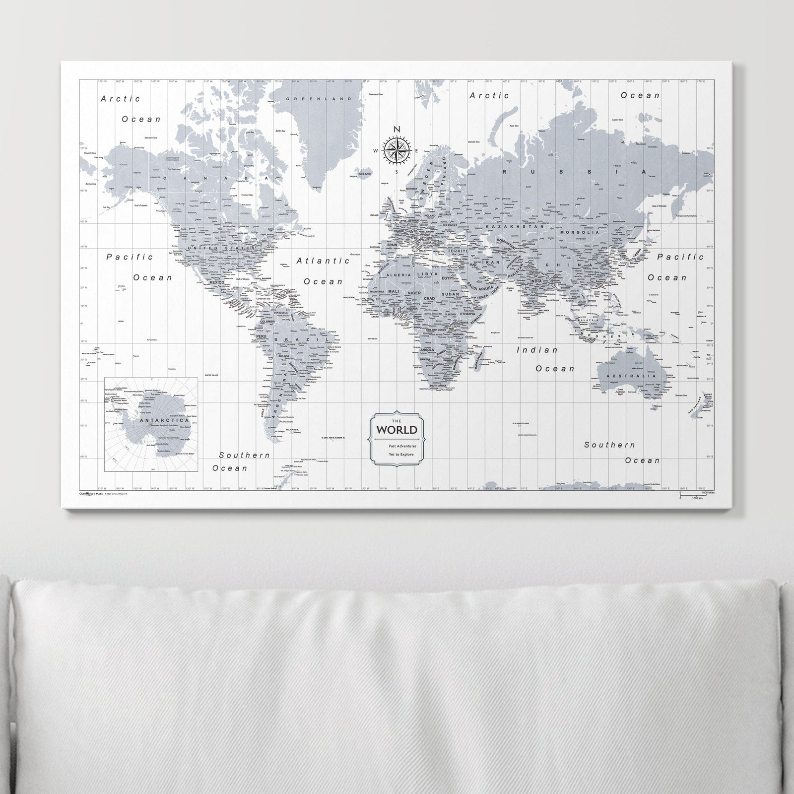 World Travel Map Pin Board with Push Pins: Light Gray Color Splash