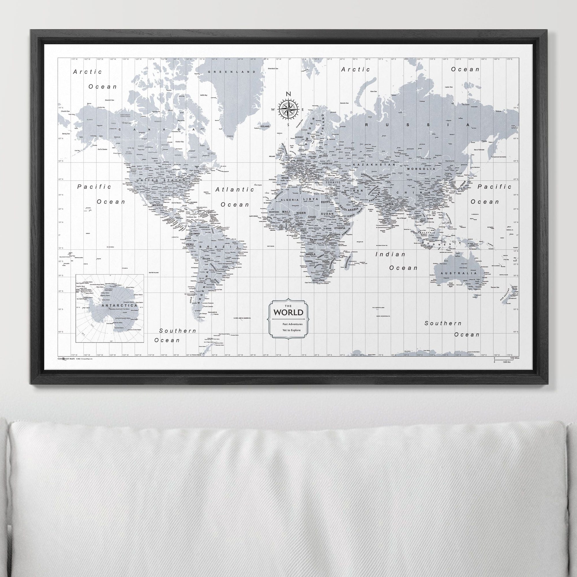 World Travel Map Pin Board with Push Pins: Light Gray Color Splash