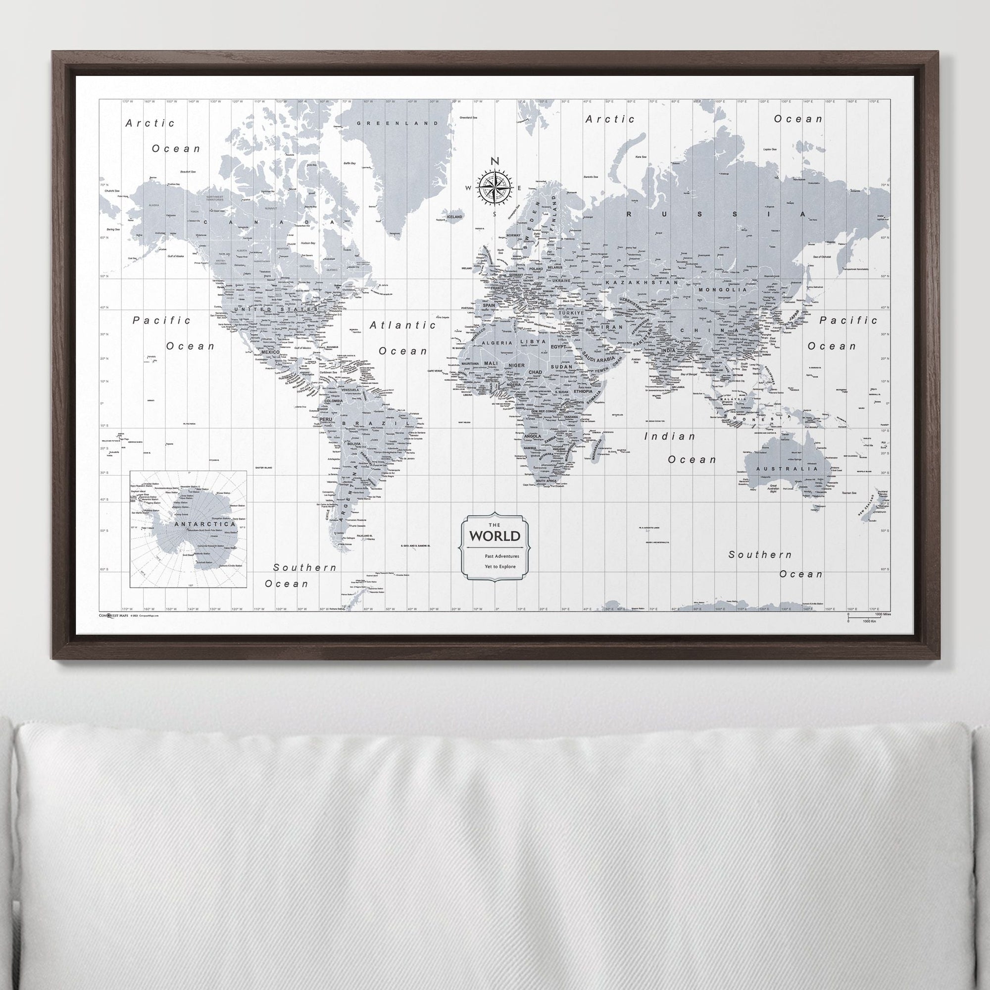 World Travel Map Pin Board with Push Pins: Light Gray Color Splash