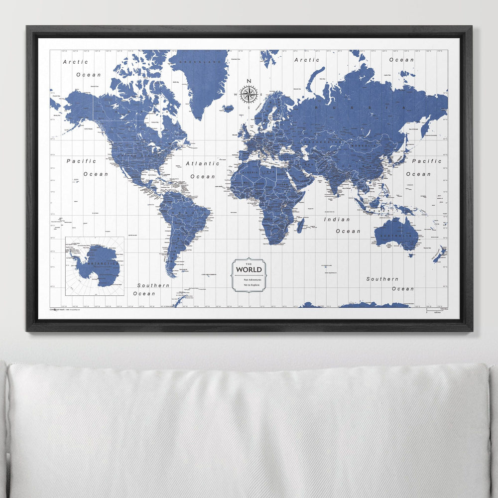 World Travel Map Pin Board with Push Pins: Navy Color Splash