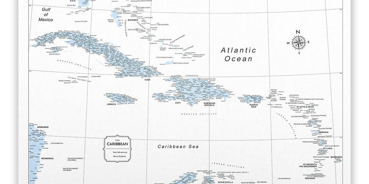 Caribbean Map Poster - Light Blue Color Splash - Conquest Maps LLC