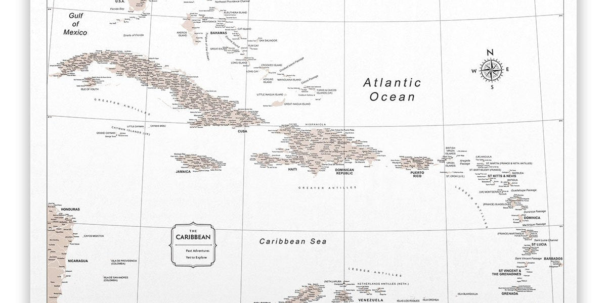Caribbean Map Poster - Light Brown Color Splash - Conquest Maps LLC