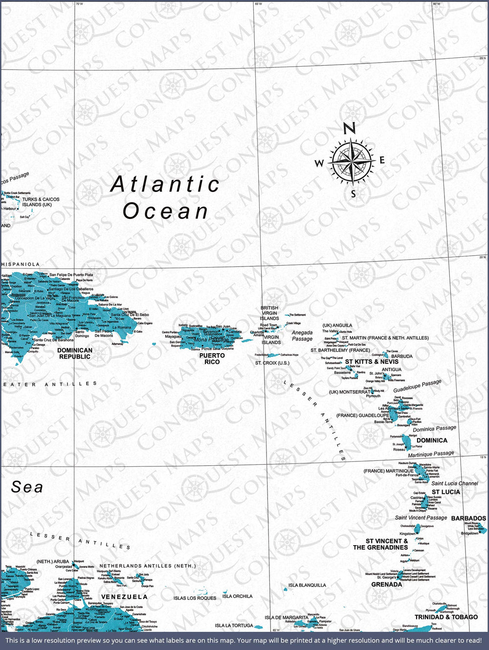Caribbean Map Poster - Teal Color Splash - Conquest Maps LLC