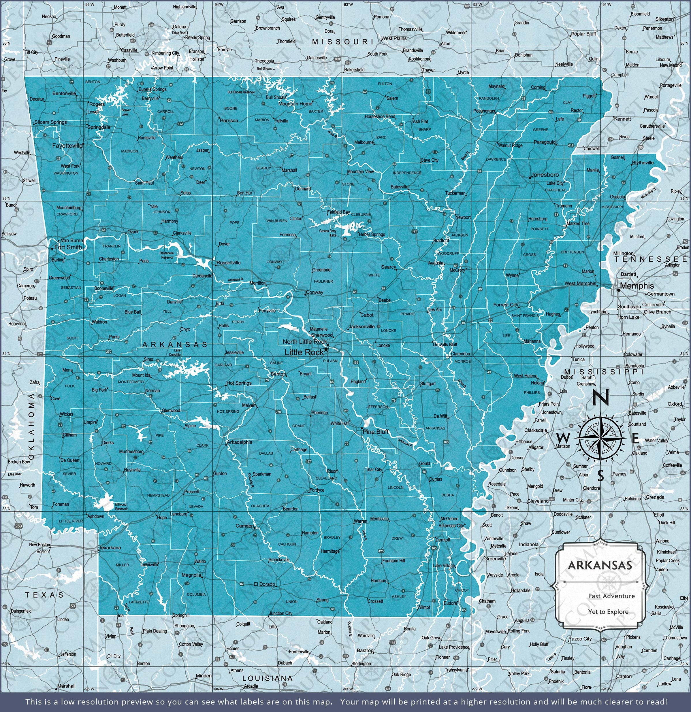 Arkansas Map Poster - Teal Color Splash - Conquest Maps LLC