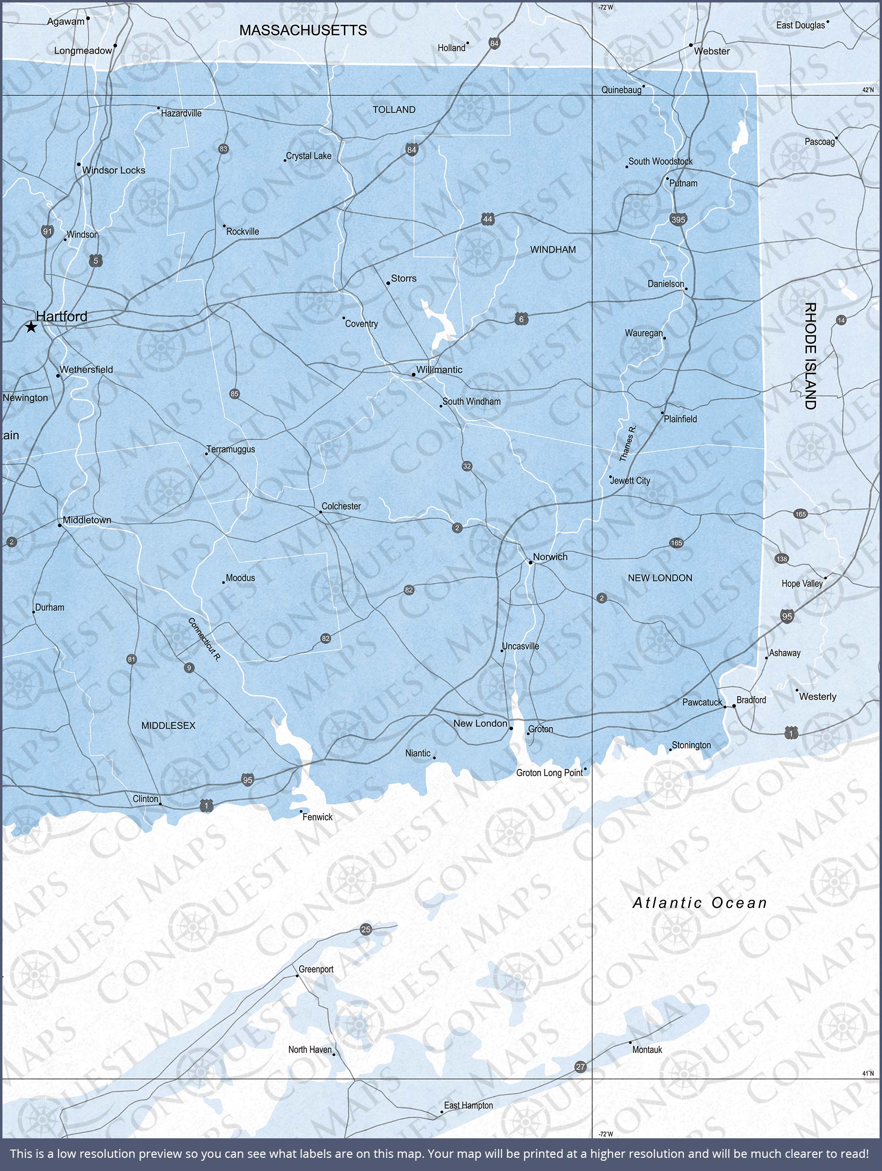 Connecticut Map Poster - Light Blue Color Splash - Conquest Maps LLC