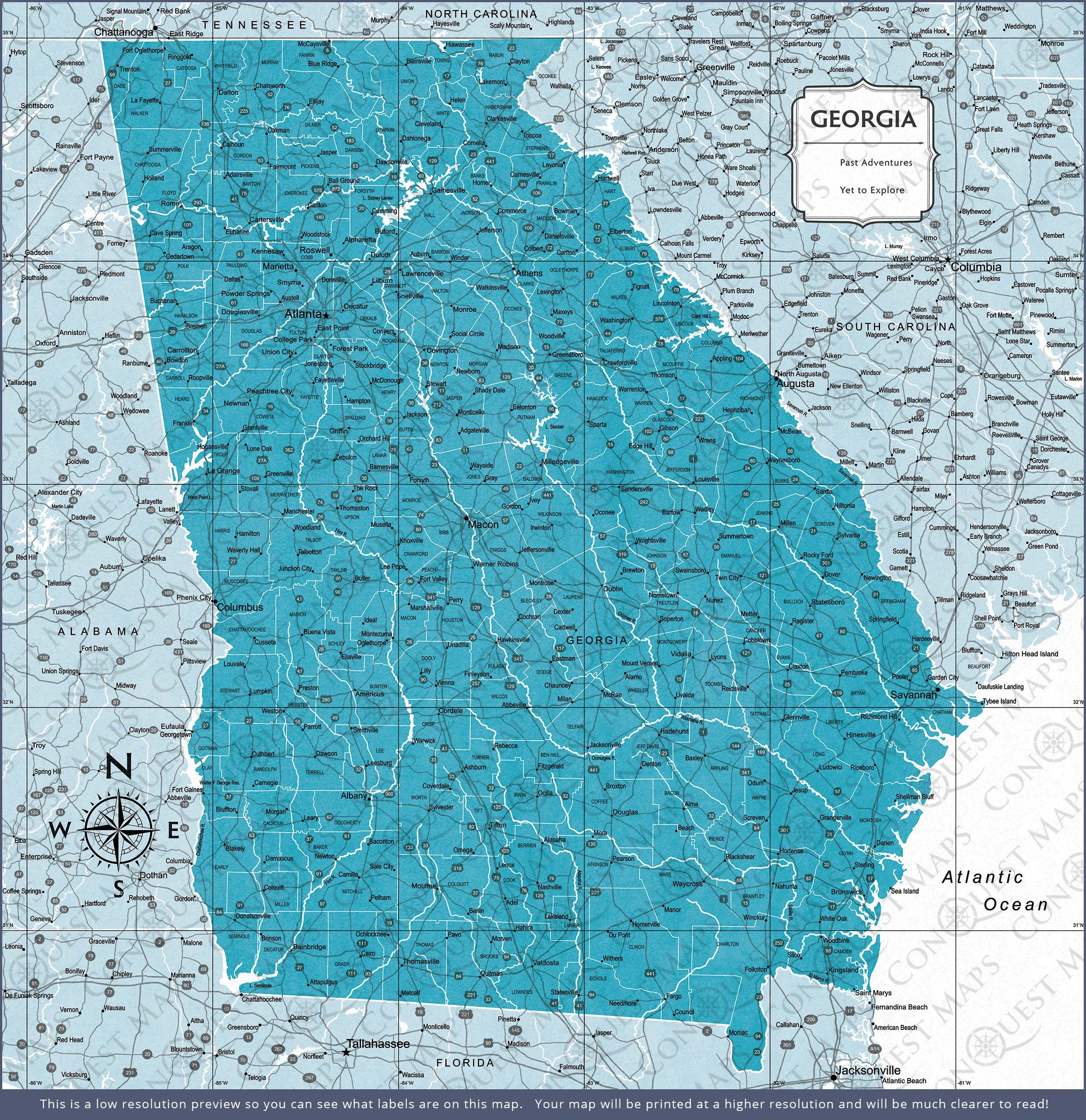 Georgia Map Poster - Teal Color Splash - Conquest Maps LLC
