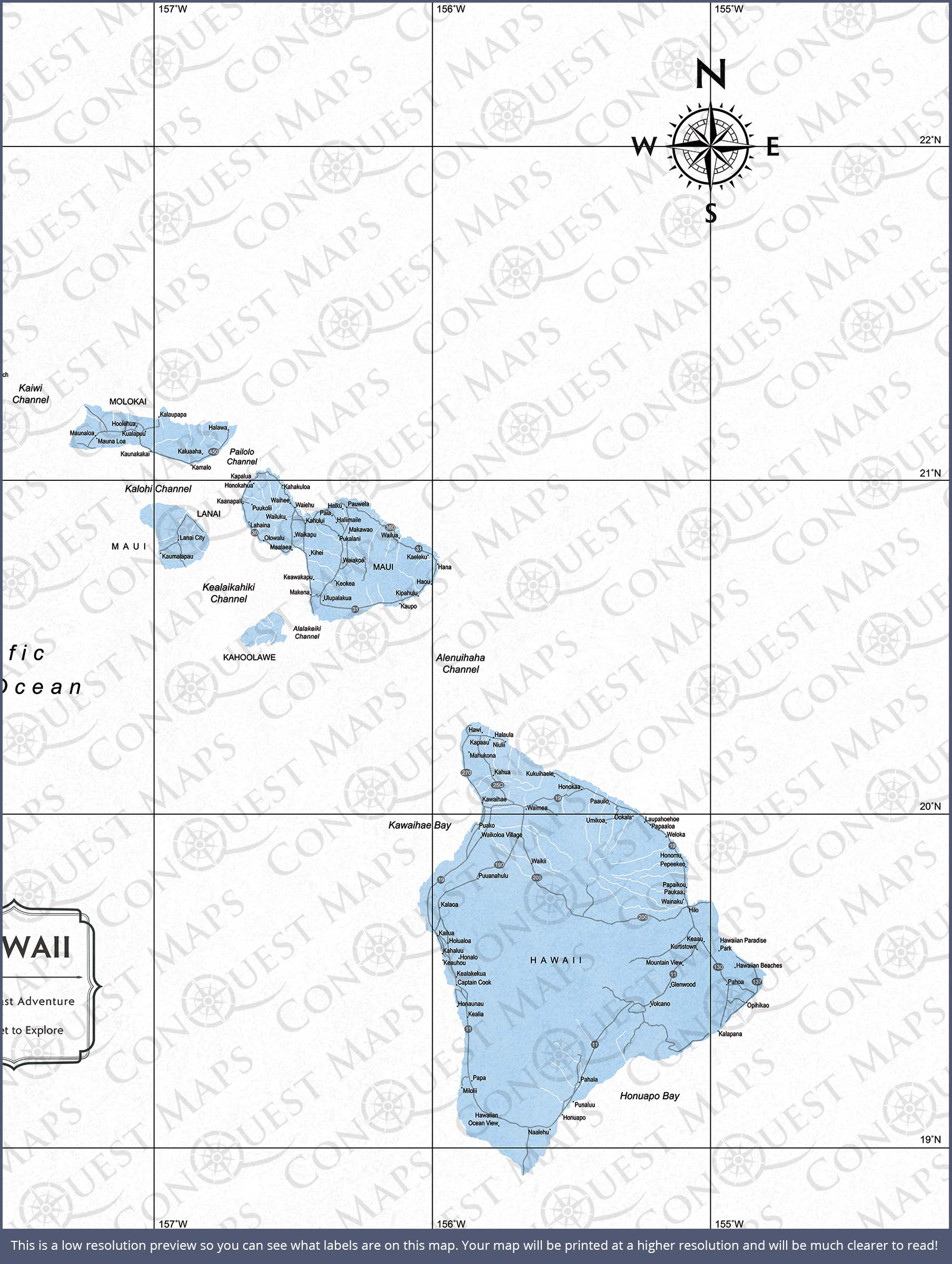 Hawaii Map Poster - Light Blue Color Splash - Conquest Maps LLC