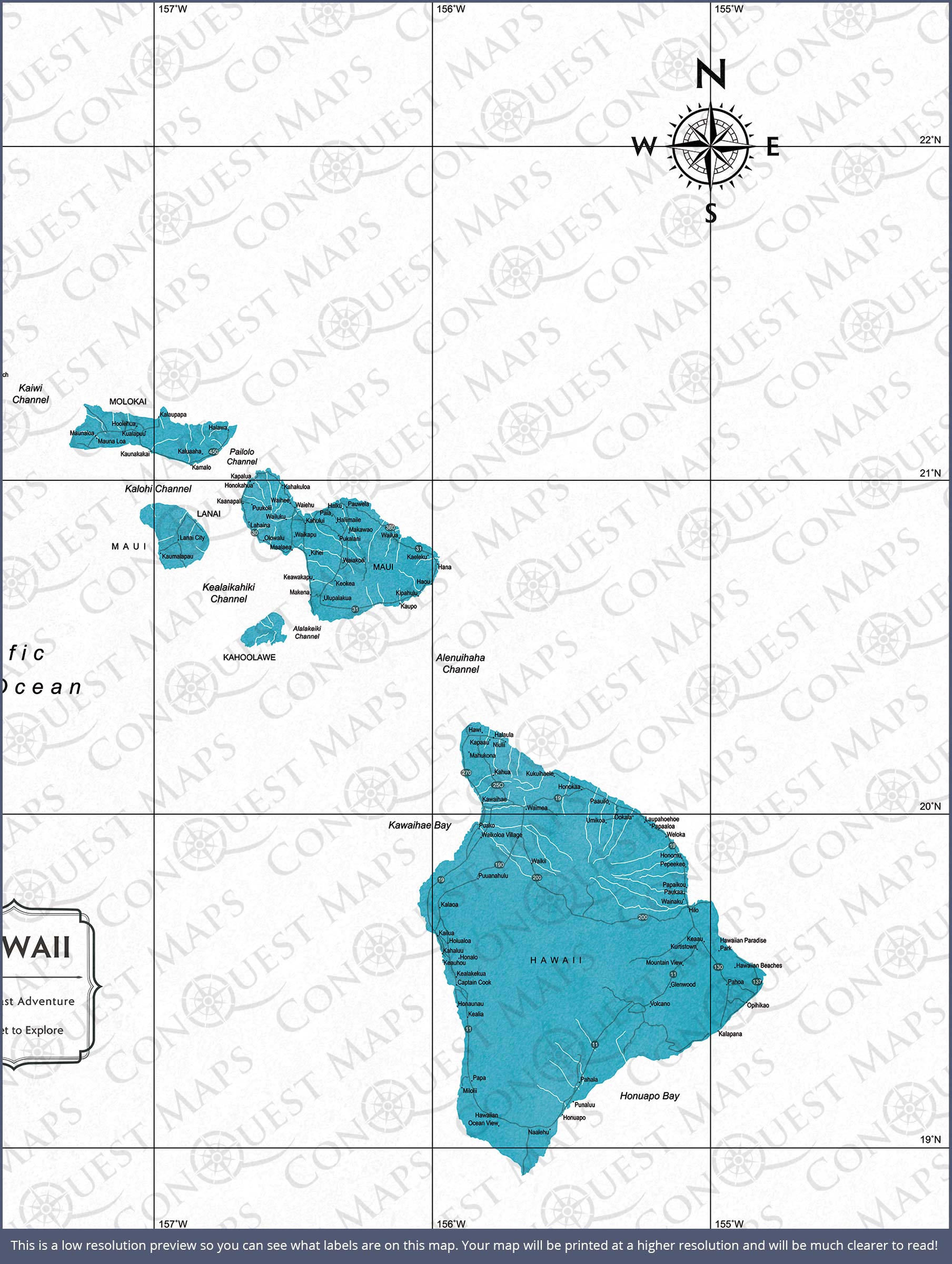 Hawaii Map Poster - Teal Color Splash - Conquest Maps LLC
