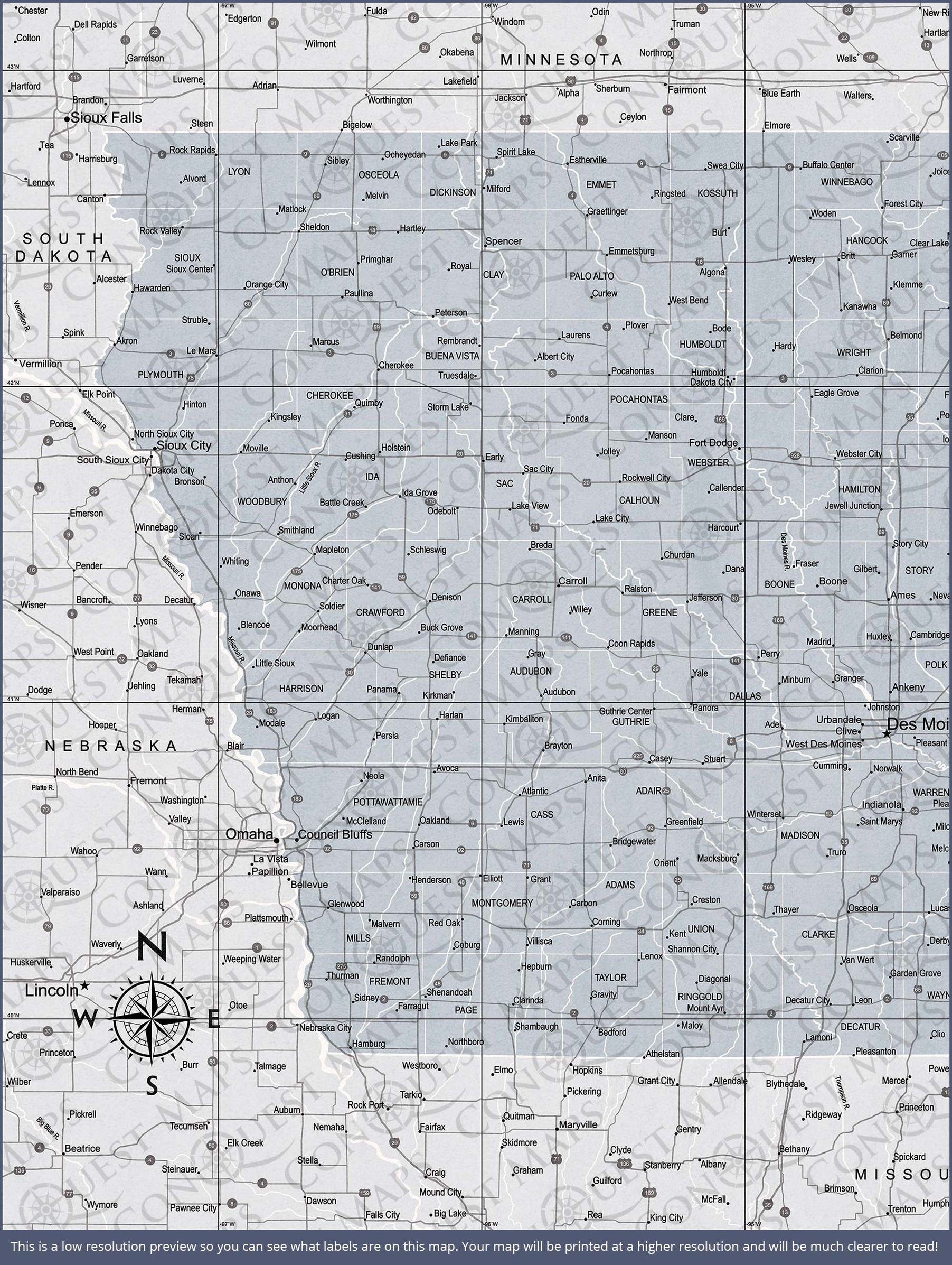 Iowa Map Poster - Light Gray Color Splash - Conquest Maps LLC