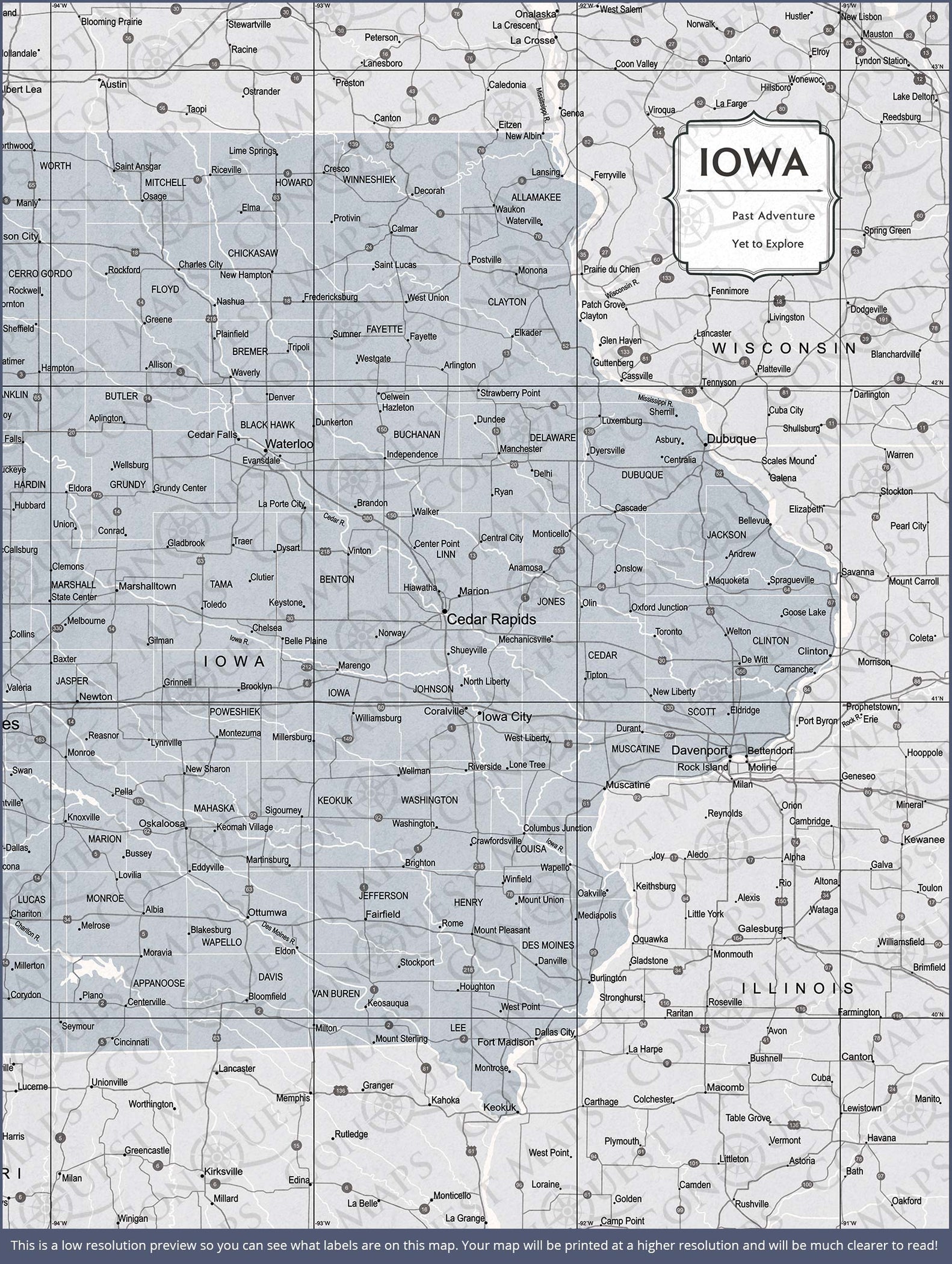 Iowa Map Poster - Light Gray Color Splash - Conquest Maps LLC