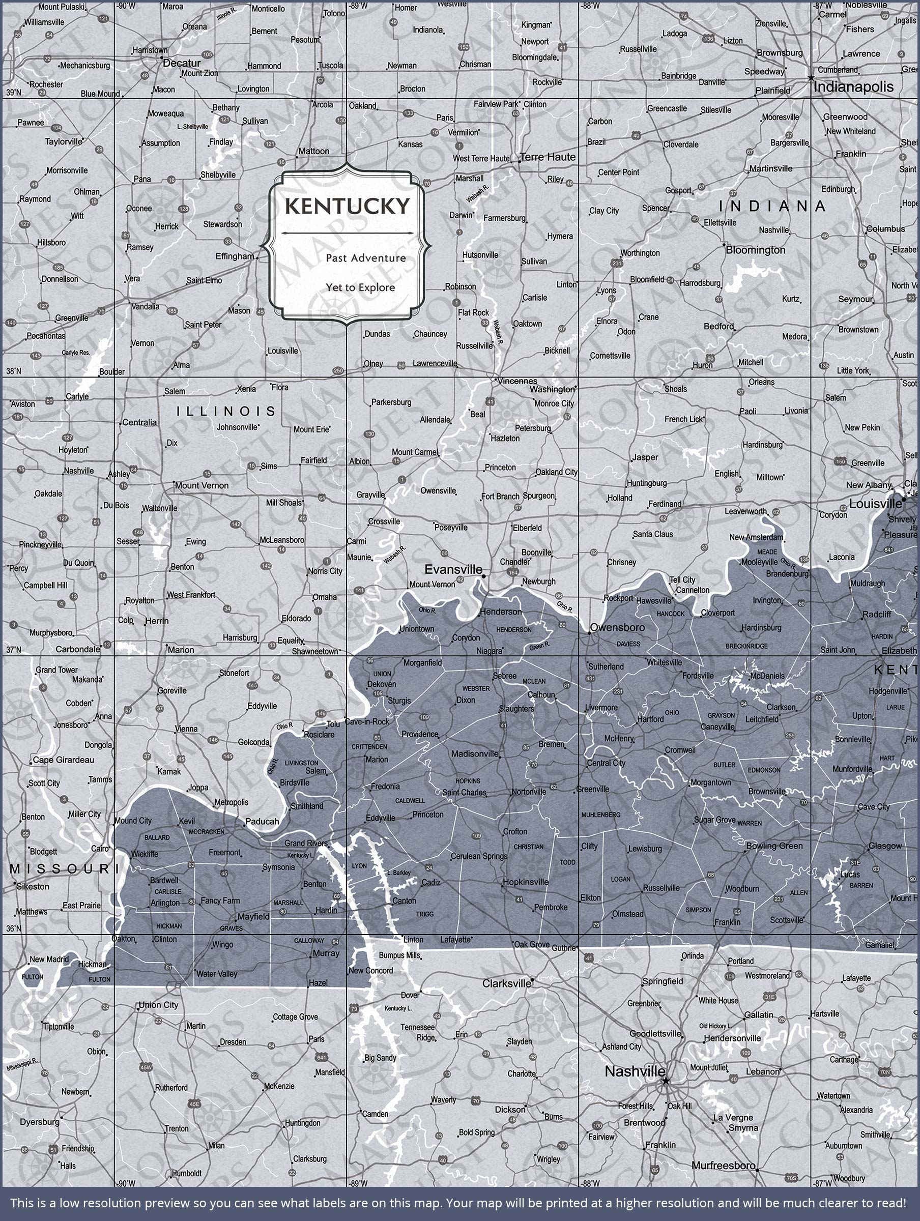 Kentucky Map Poster - Dark Gray Color Splash - Conquest Maps LLC