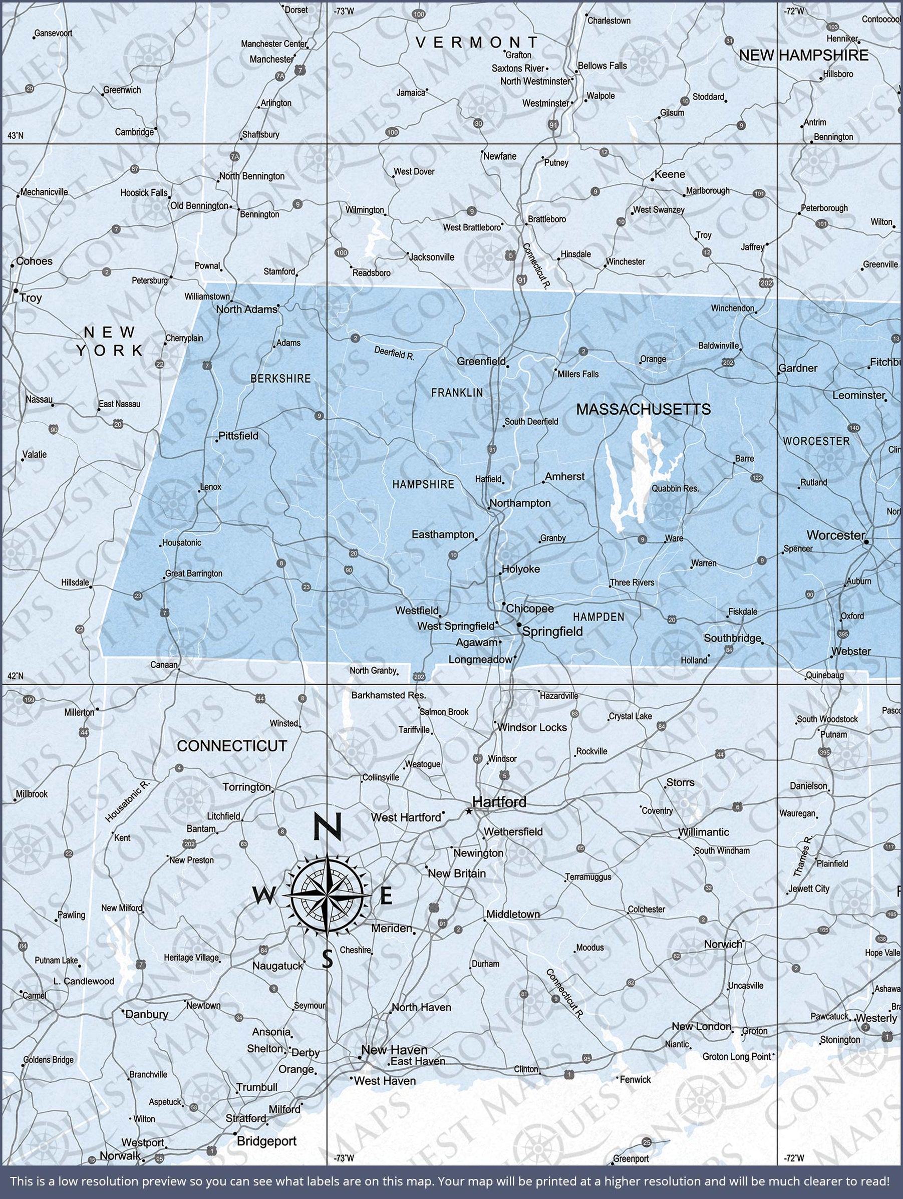 Massachusetts Map Poster - Light Blue Color Splash - Conquest Maps LLC