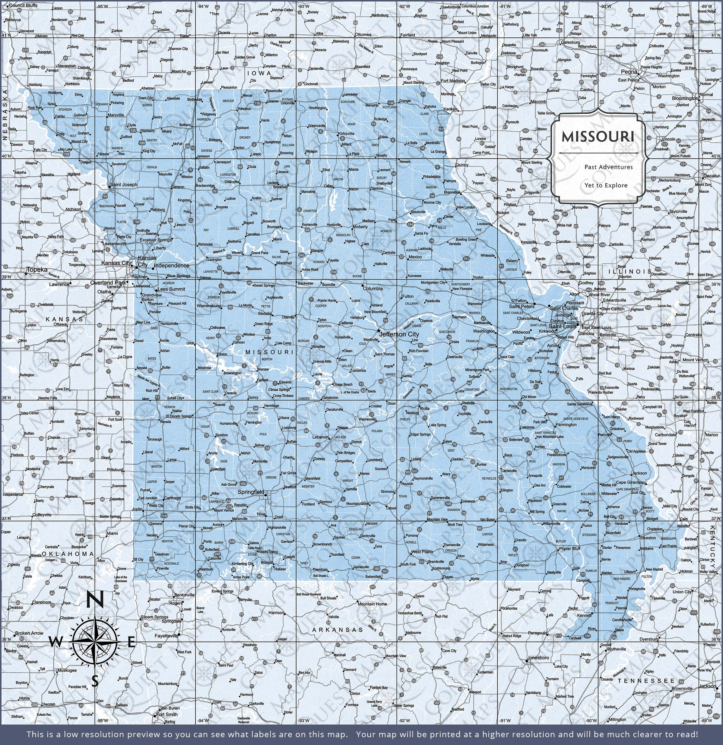 Missouri Map Poster - Light Blue Color Splash - Conquest Maps LLC