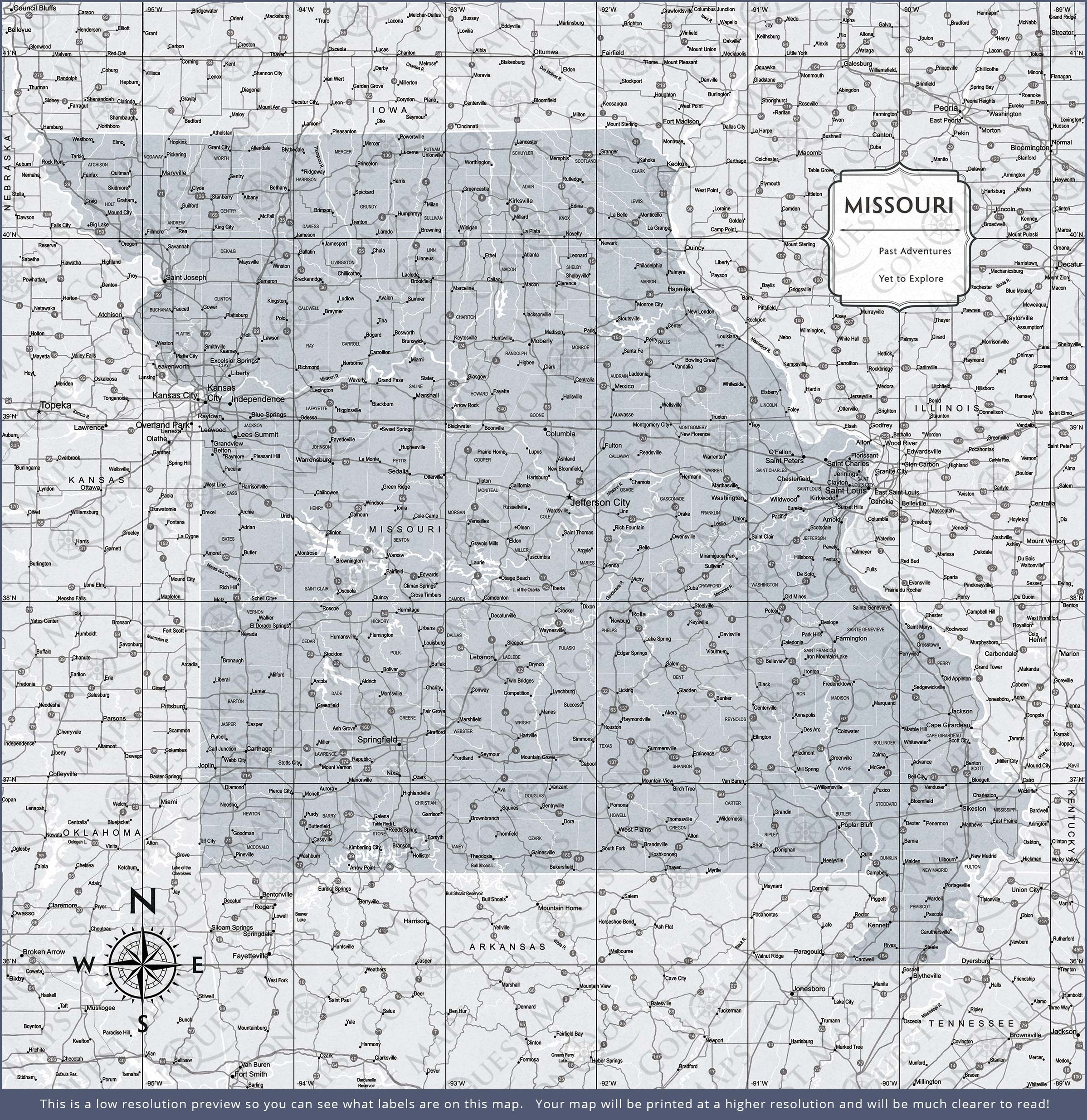 Missouri Map Poster - Light Gray Color Splash - Conquest Maps LLC