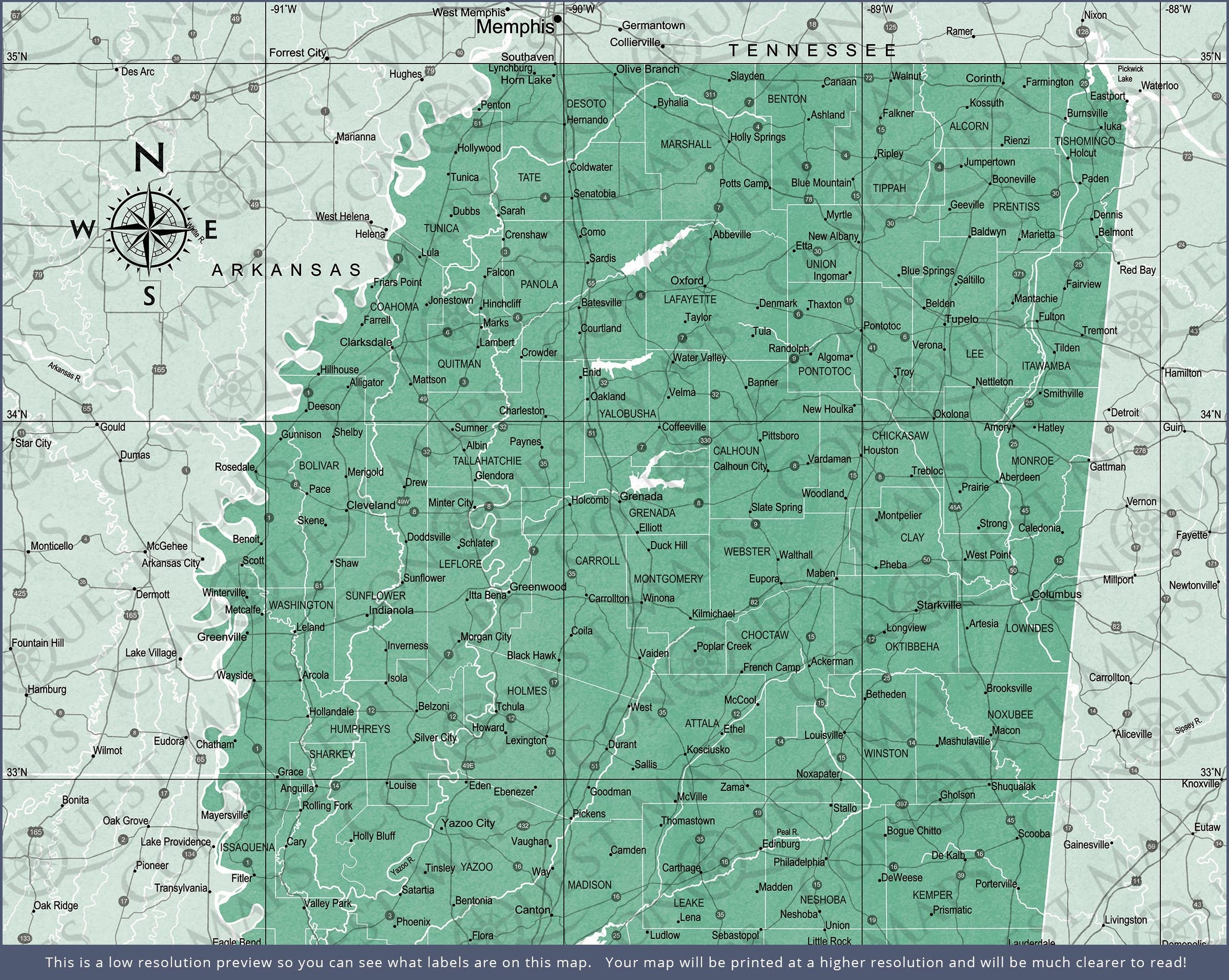 Mississippi Map Poster - Green Color Splash - Conquest Maps LLC