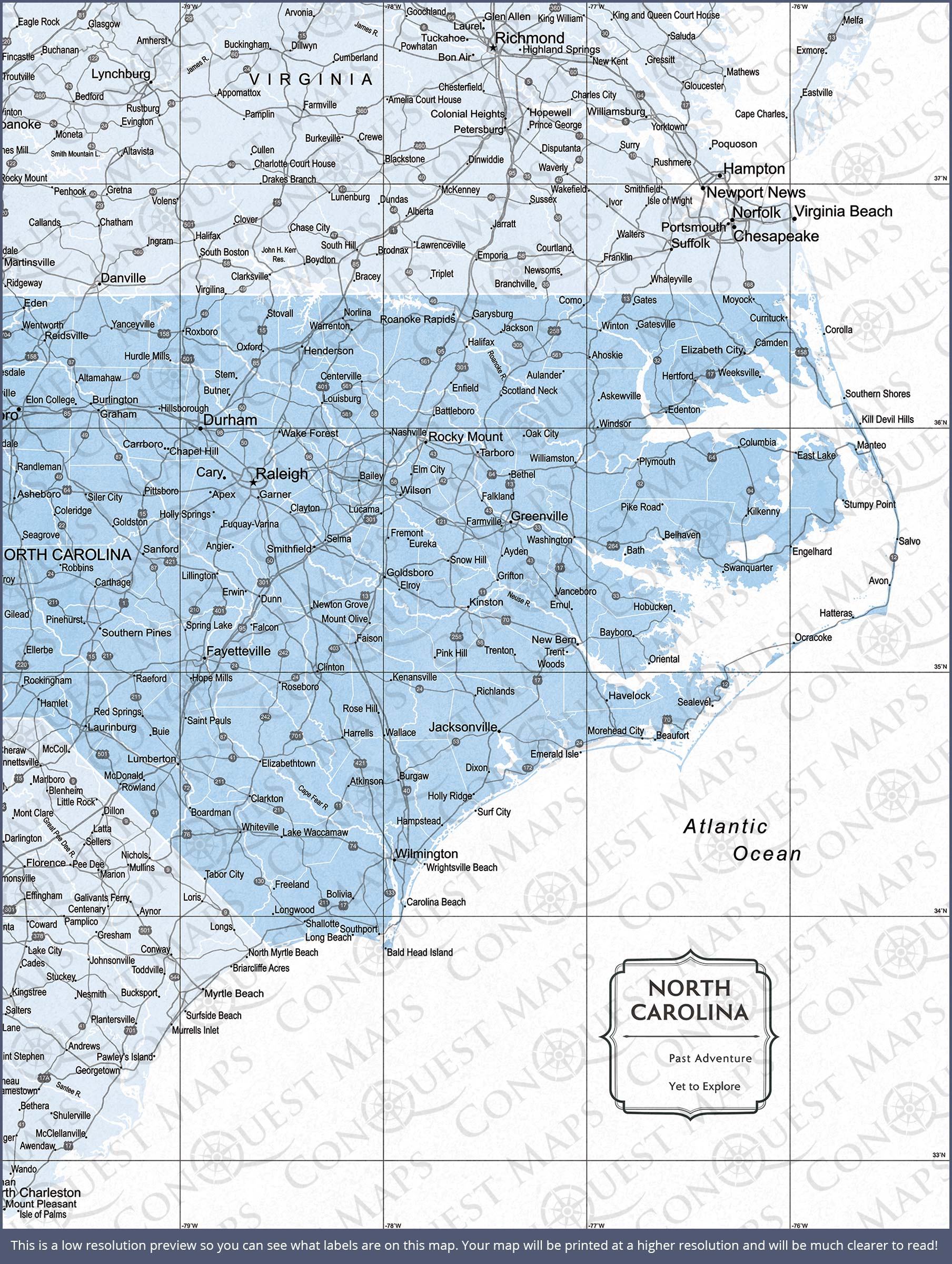 North Carolina Map Poster - Light Blue Color Splash - Conquest Maps LLC