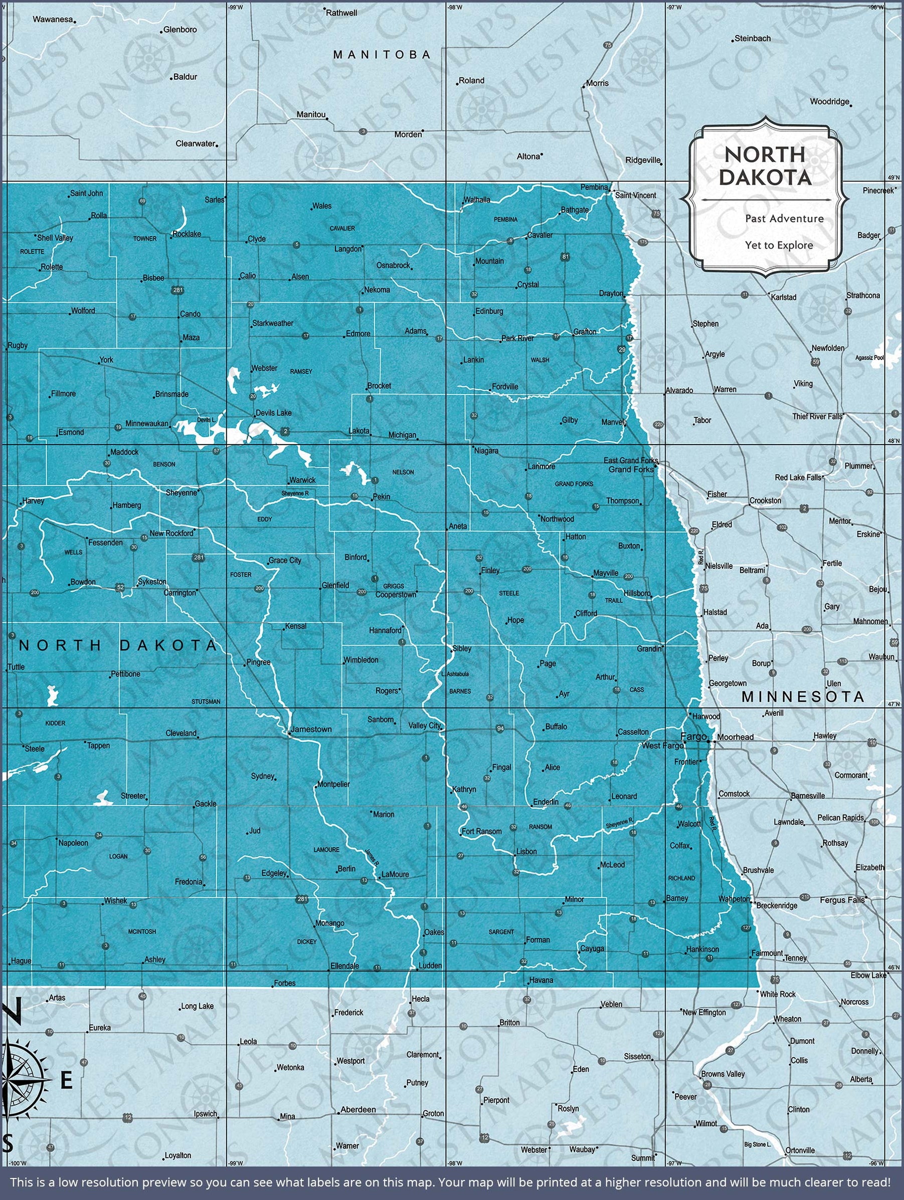 North Dakota Map Poster - Teal Color Splash - Conquest Maps LLC