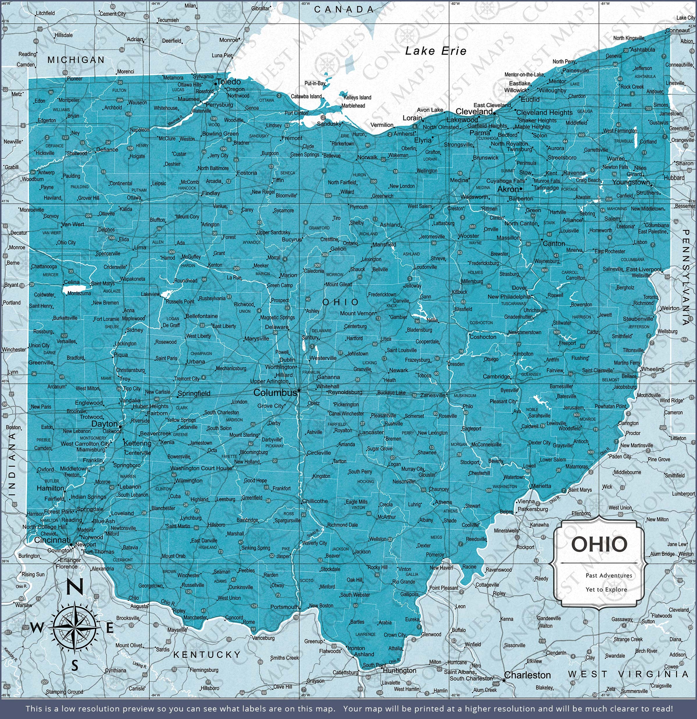 Ohio Map Poster - Teal Color Splash - Conquest Maps LLC