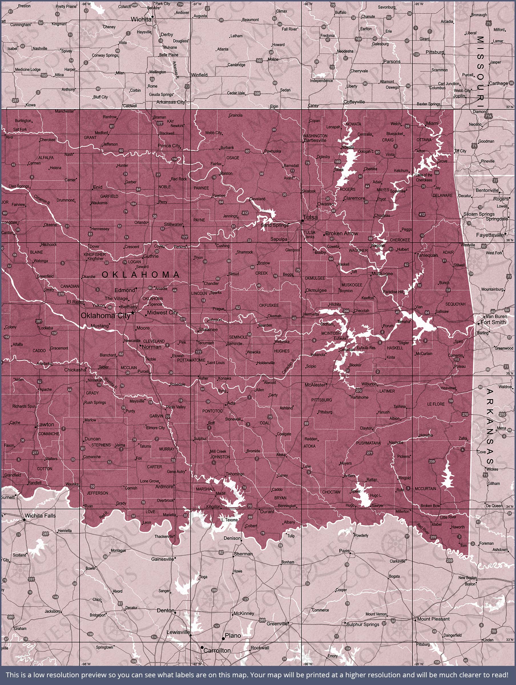 Oklahoma Map Poster - Burgundy Color Splash - Conquest Maps LLC