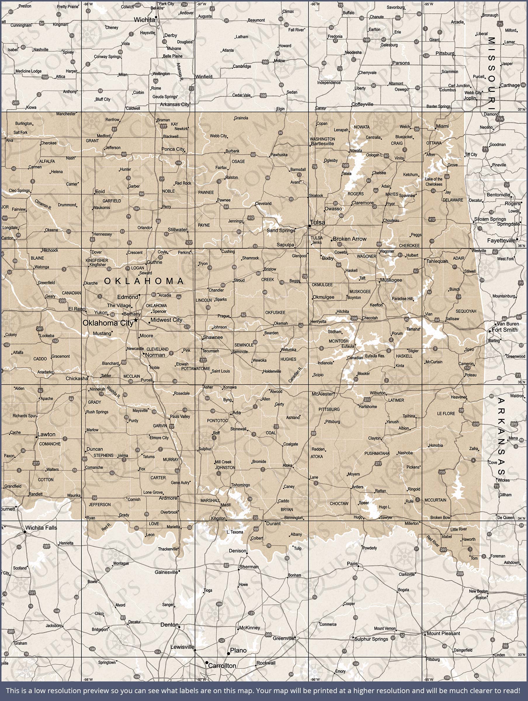 Oklahoma Map Poster - Light Brown Color Splash - Conquest Maps LLC