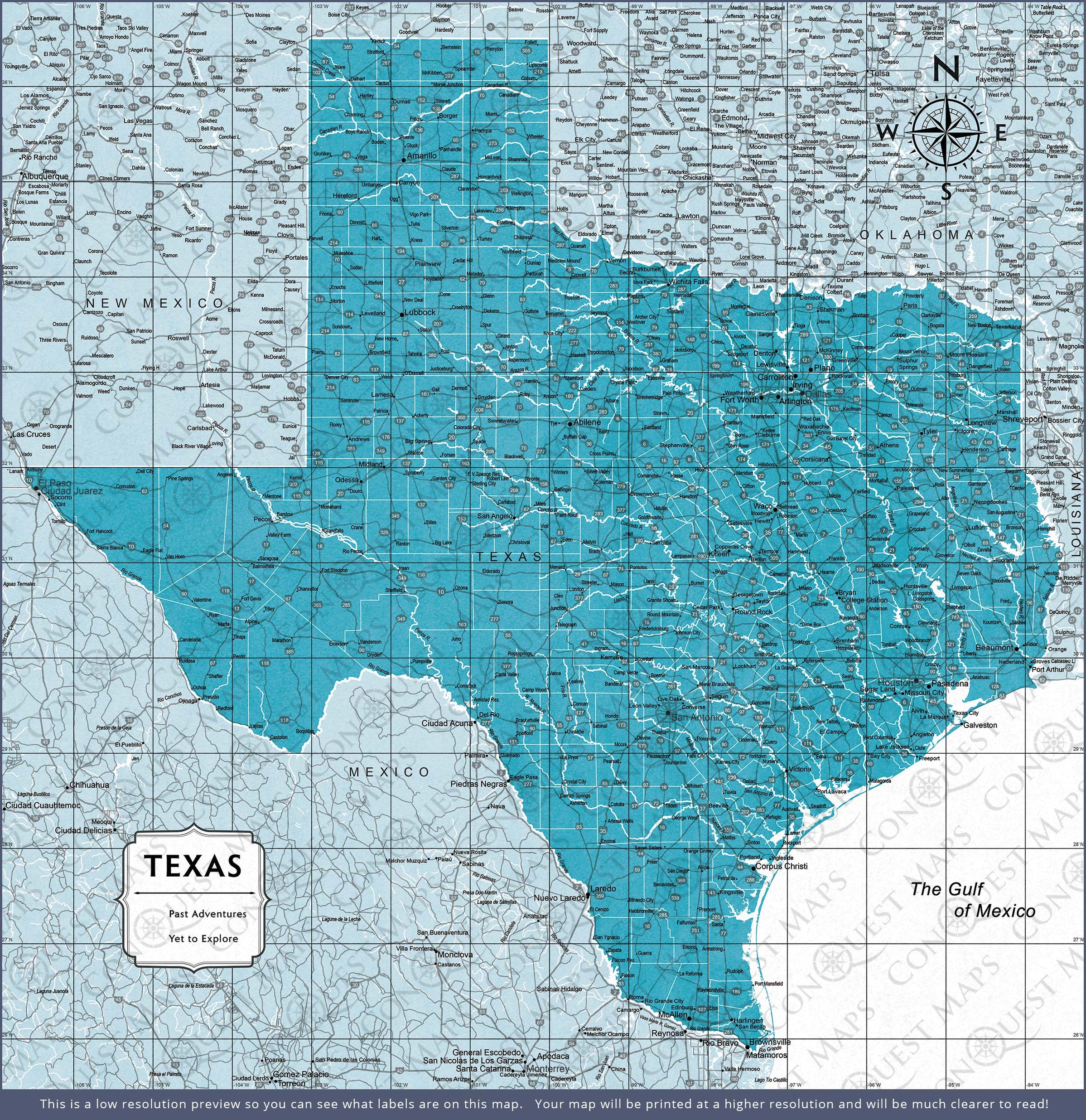 Push Pin Texas Map (Pin Board) - Teal Color Splash - Conquest Maps LLC