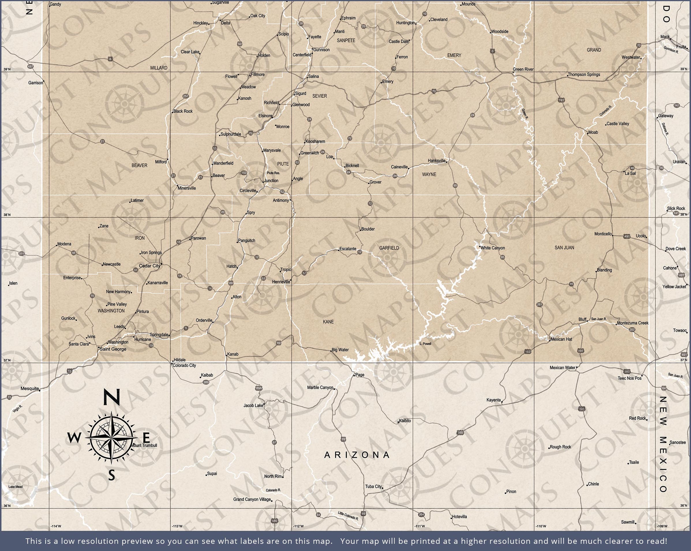 Utah Map Poster - Light Brown Color Splash - Conquest Maps LLC