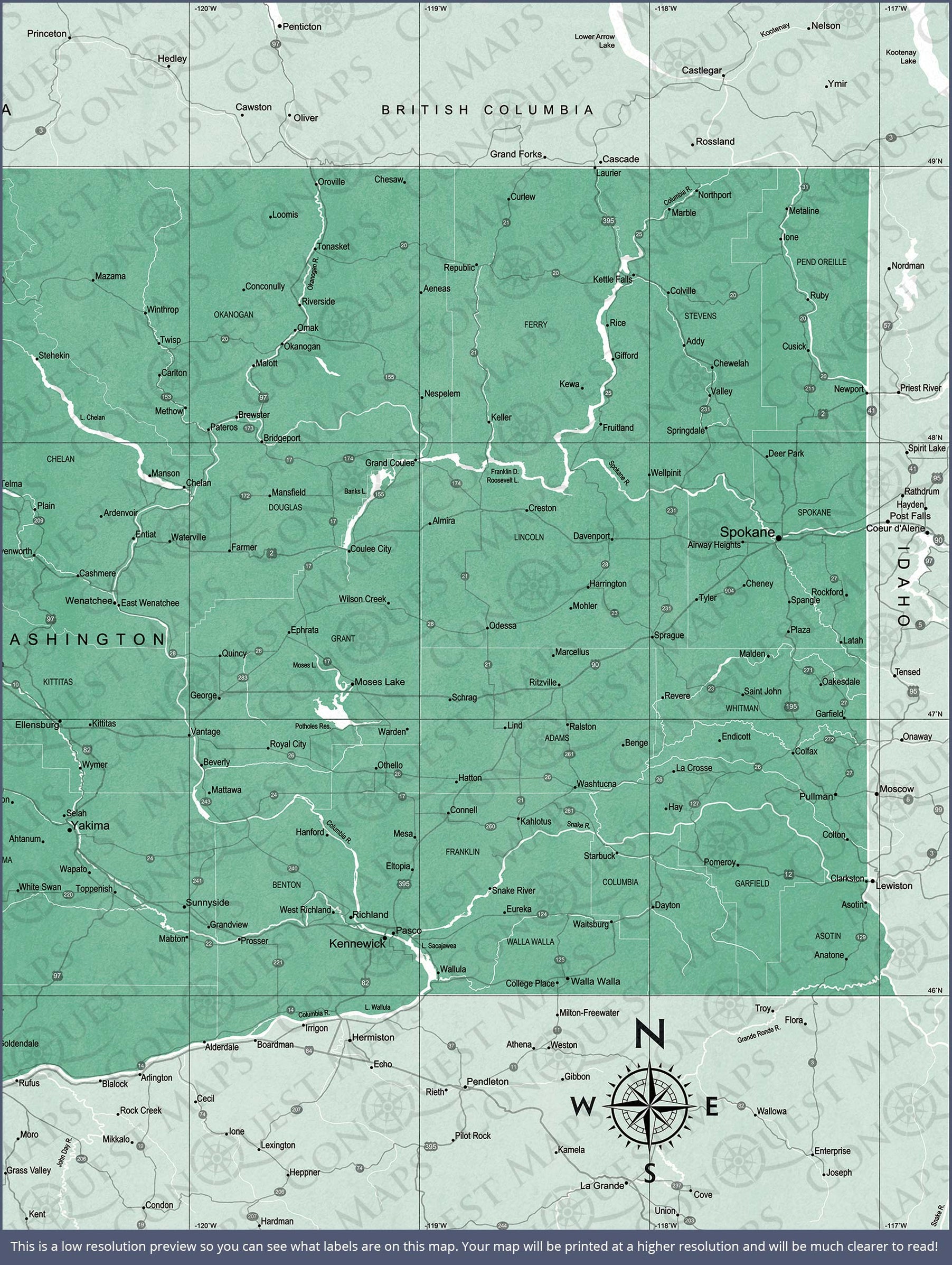 Washington Map Poster - Green Color Splash - Conquest Maps LLC