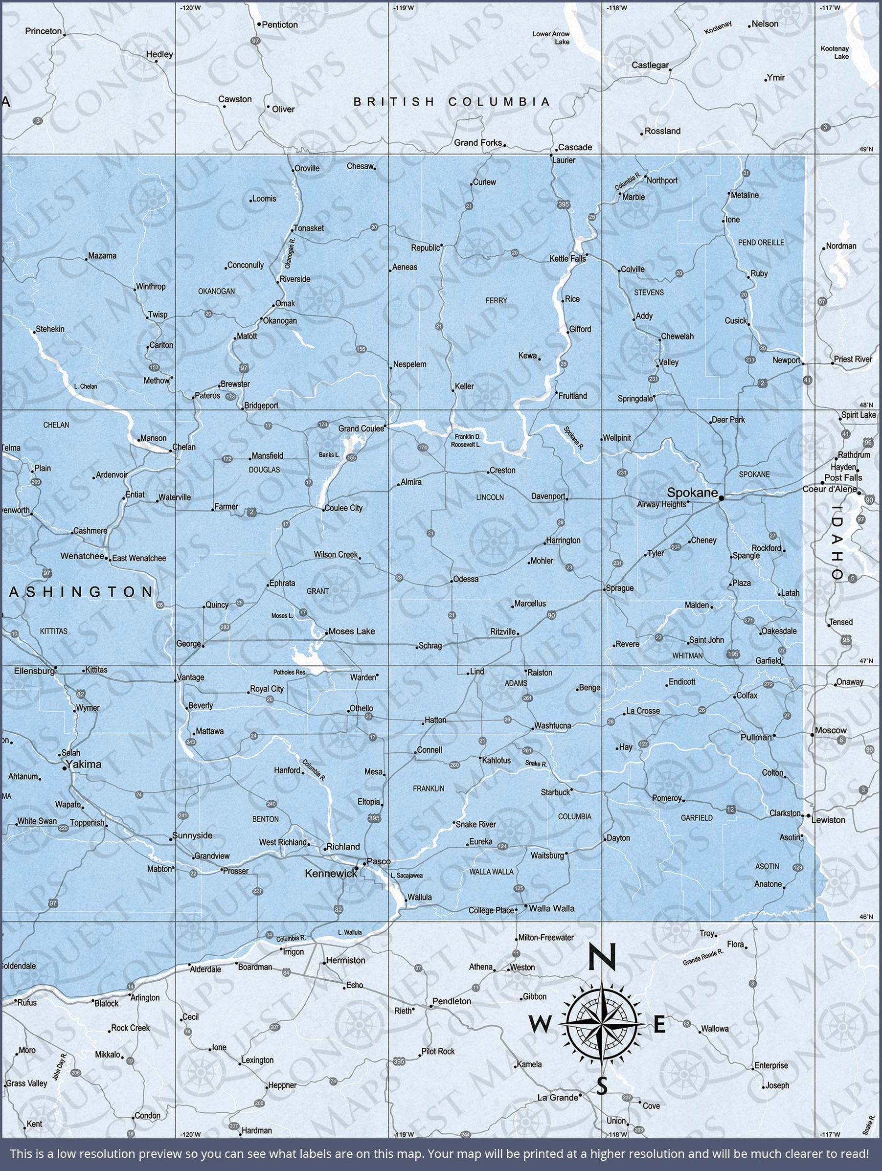 Washington Map Poster - Light Blue Color Splash - Conquest Maps LLC