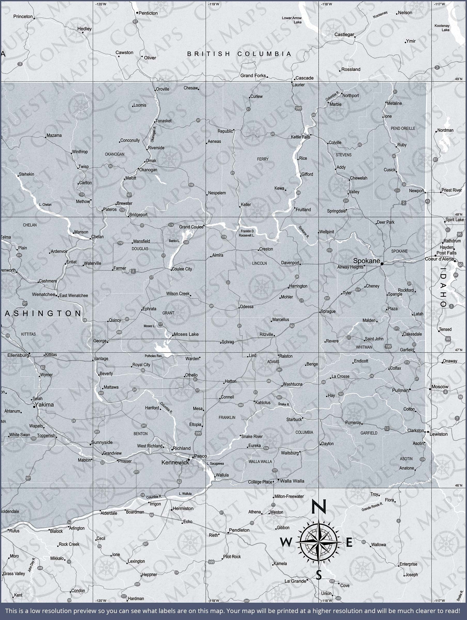 Washington Map Poster - Light Gray Color Splash - Conquest Maps LLC