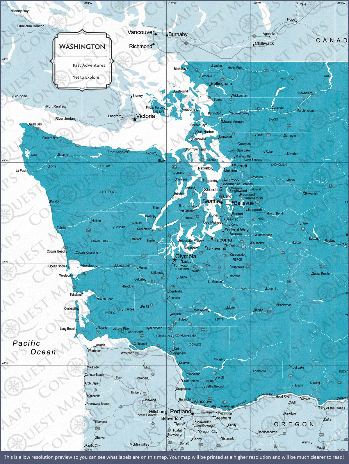 Push Pin Washington Map (Pin Board) - Teal Color Splash - Conquest Maps LLC