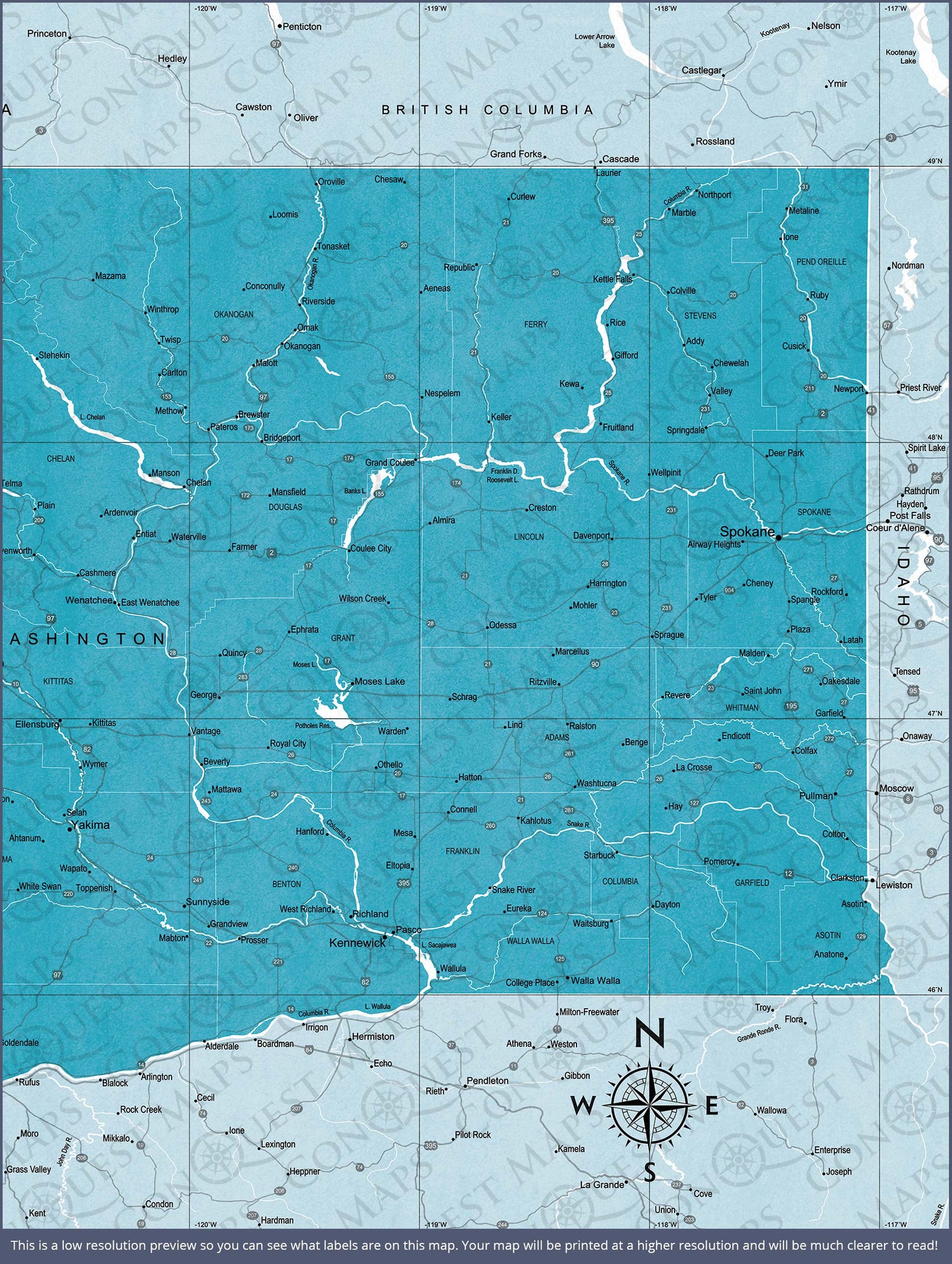 Push Pin Washington Map (Pin Board) - Teal Color Splash - Conquest Maps LLC