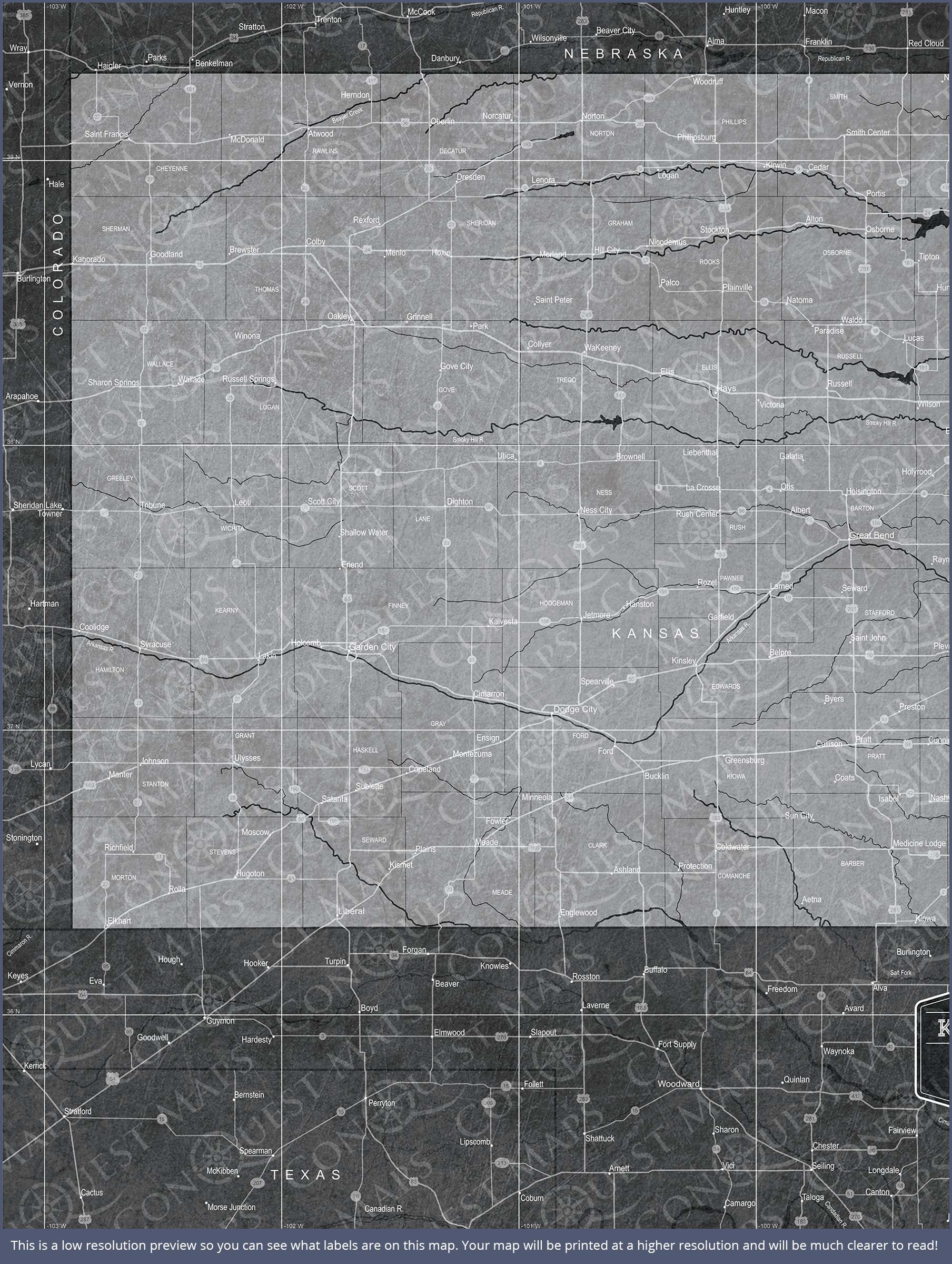 Kansas Map Poster - Modern Slate - Conquest Maps LLC