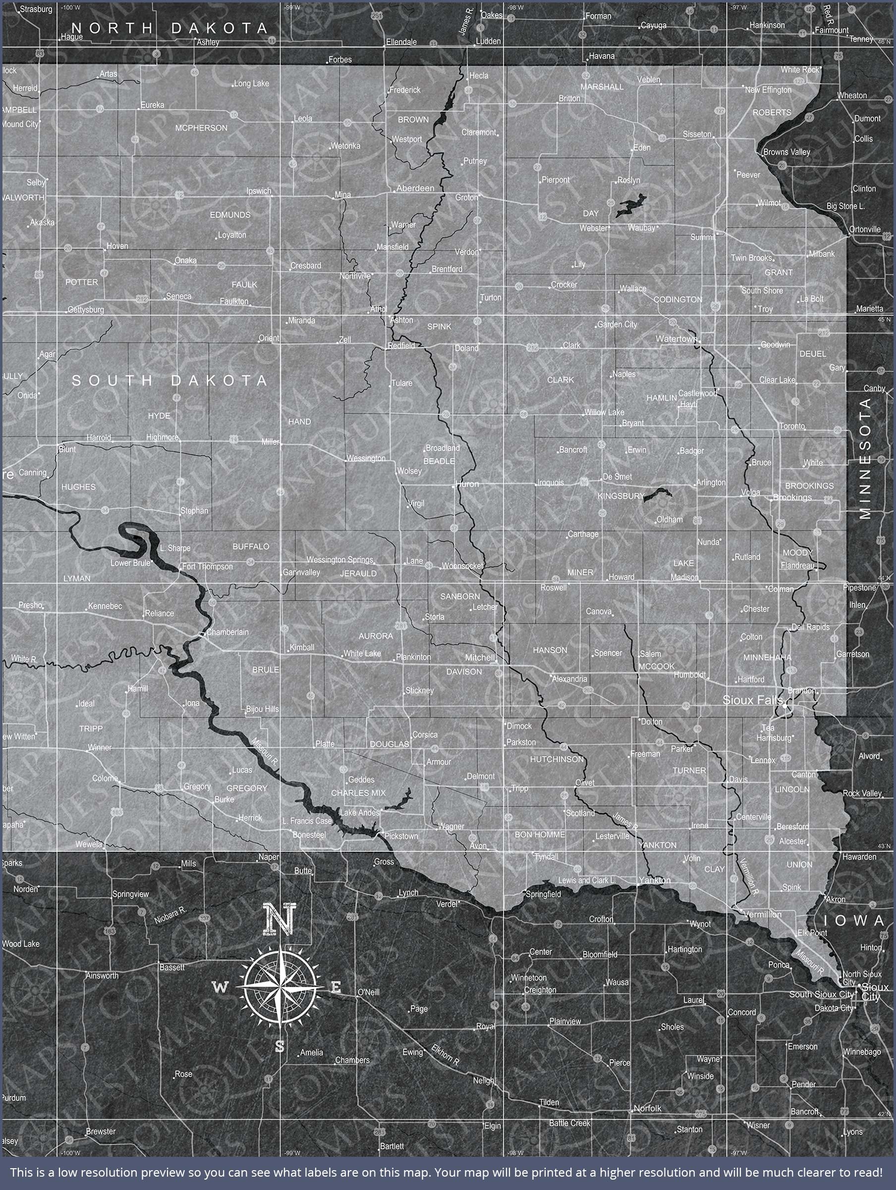 South Dakota Map Poster - Modern Slate - Conquest Maps LLC